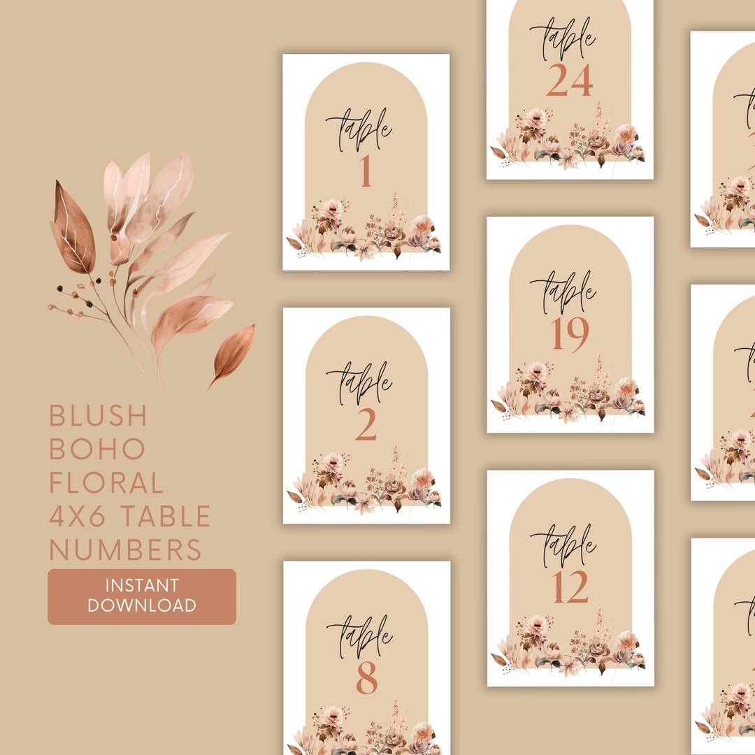 Blush Boho Floral Table Numbers Template, 4x6 Table Numbers Printable ...