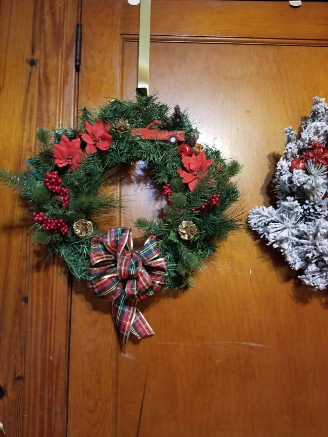 Red Pickup Truck Wreath Christmas Tree Hauling Red Truck With Plaid Bow ...