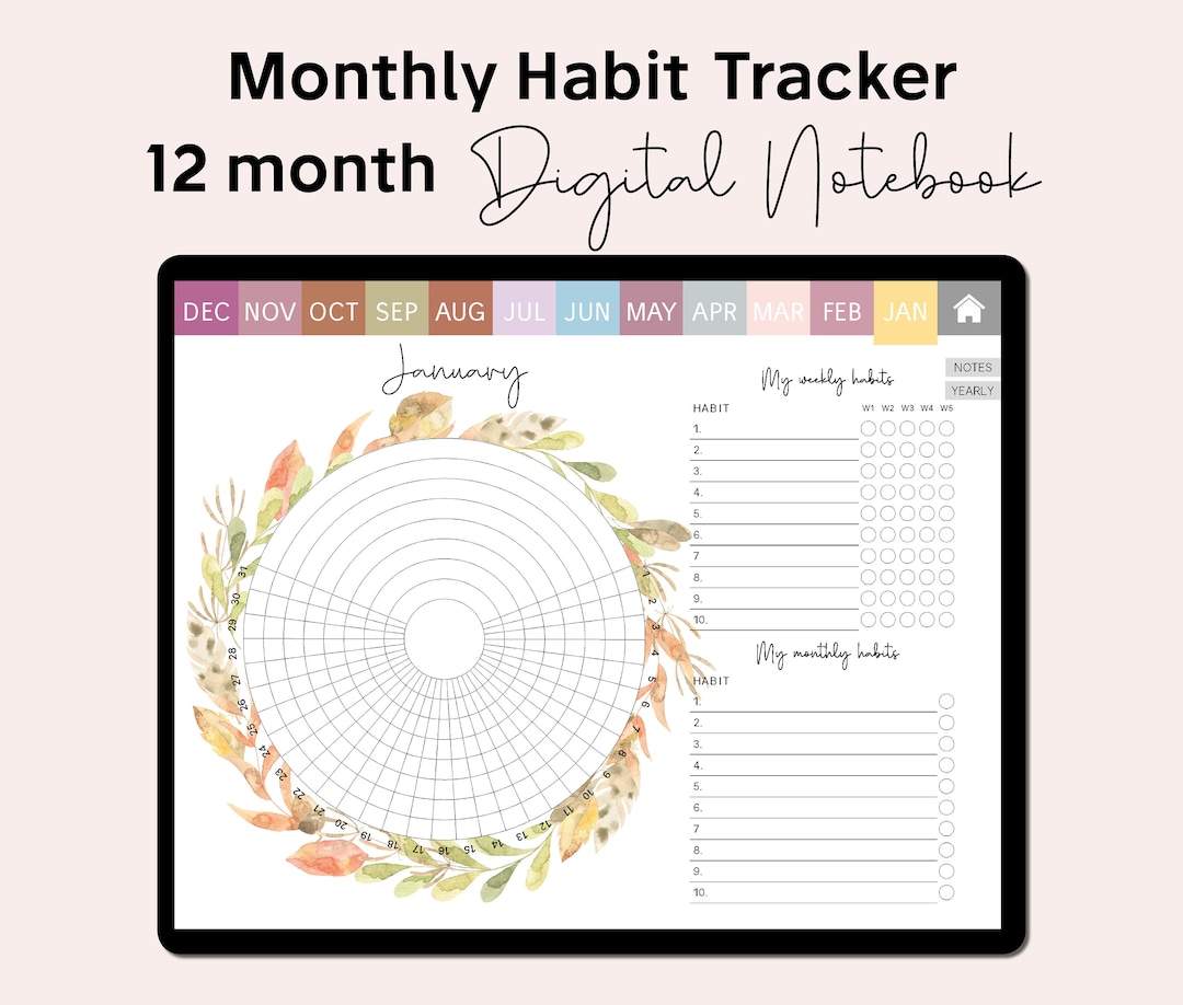 Monthly Habit Tracker Digital Notebook 12 Hyperlinked Tabs for ...