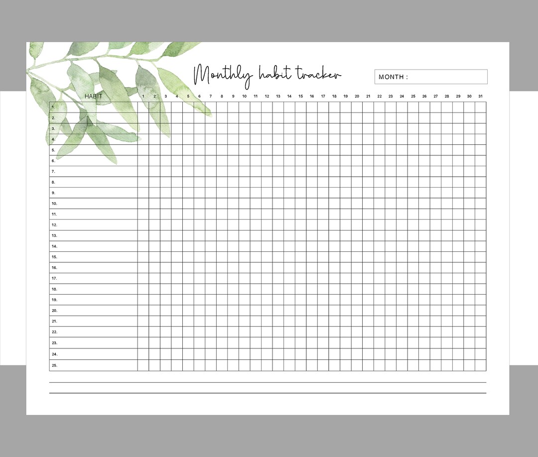 Monthly Habit Tracker Printable Pdf Watercolor Leaf Digital Instant ...