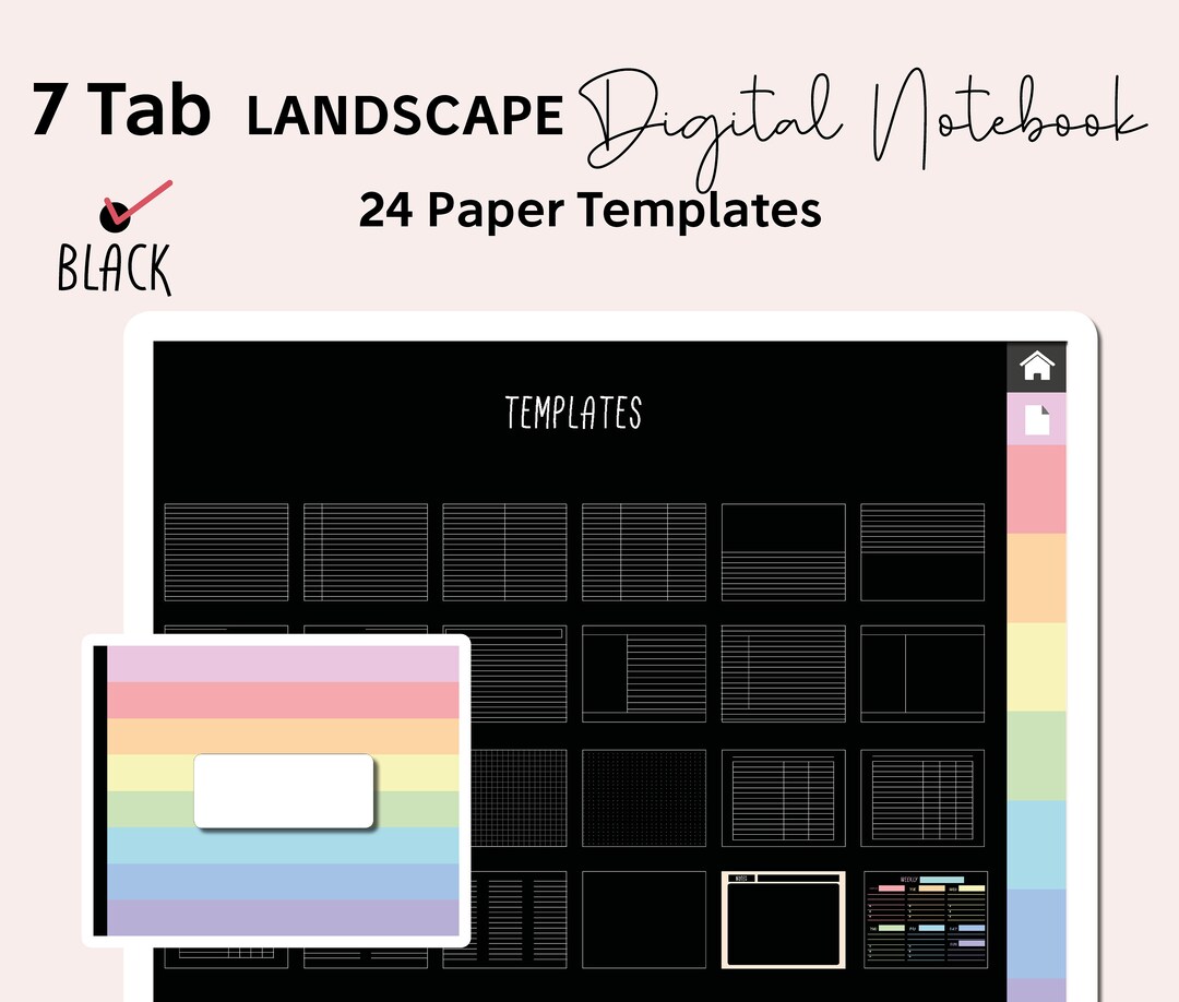 Digital Notebook Dark Mode Landscape Black Paper 7 Pastel Hyperlinked ...