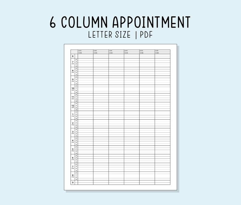 6 Column Appointment Planner Hourly Planning Sheet Undated Daily ...