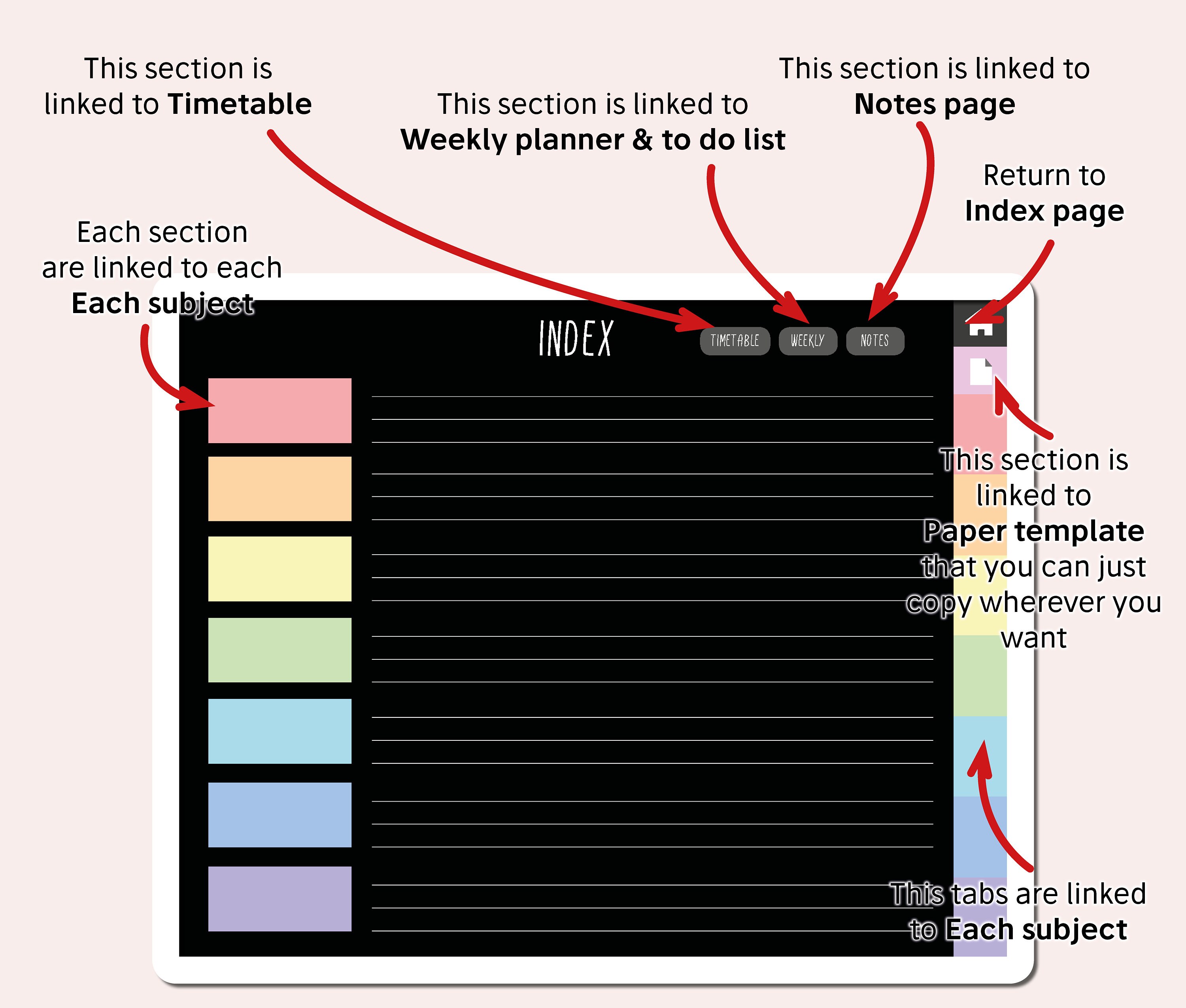 Digital Notebook Dark Mode Landscape Black Paper 7 Pastel Hyperlinked ...