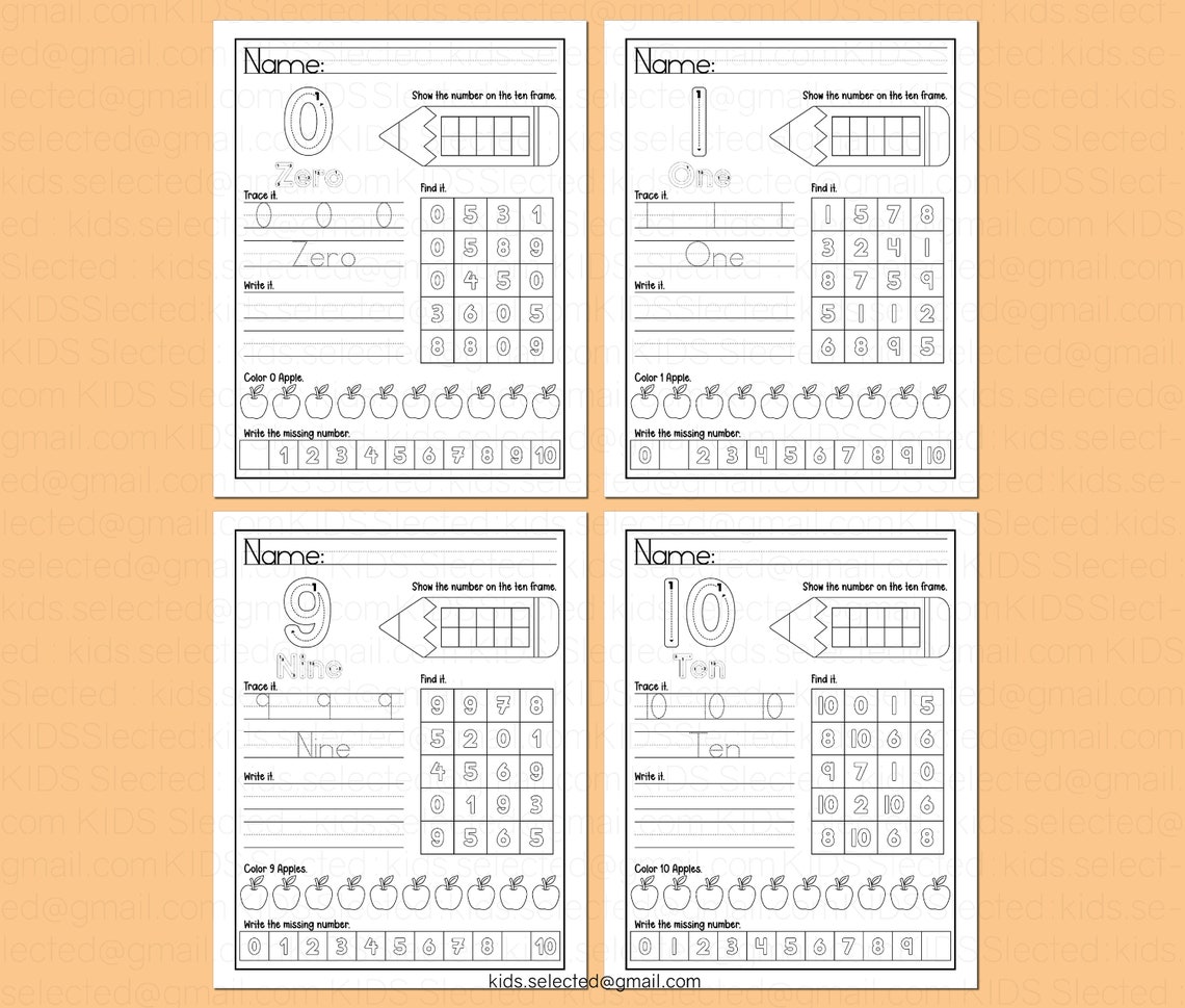 Number Tracing Worksheets Printable Math Numbers 0-10 Ten Frame ...