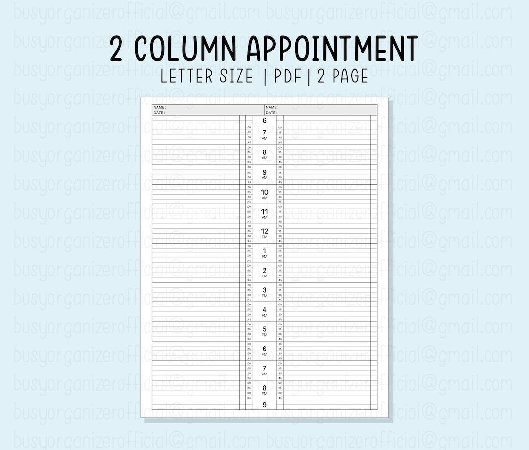 2 Column Appointment Planner Hourly Planning Sheet Undated Daily ...