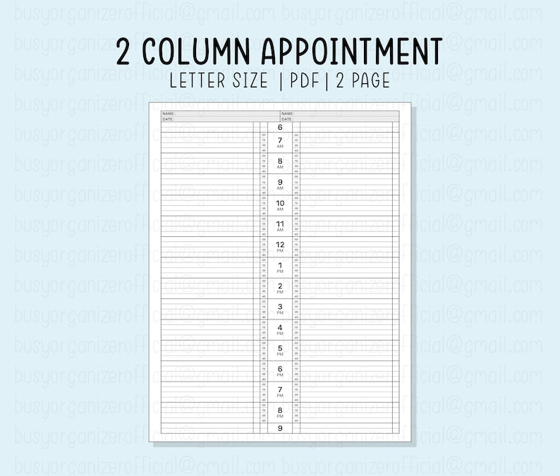 2 Column Appointment Planner Hourly Planning Sheet Undated Daily ...