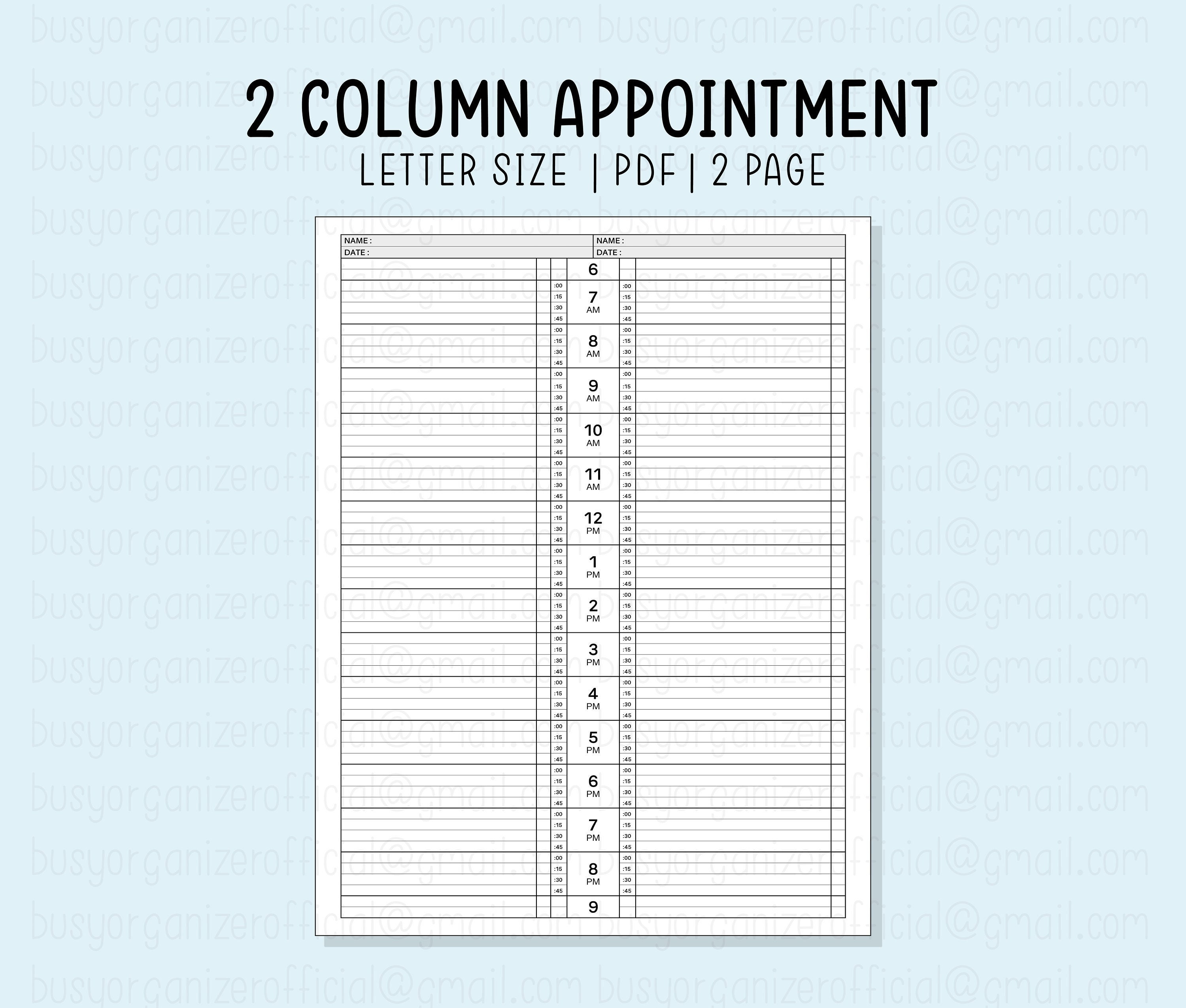 2 Column Appointment Planner Hourly Planning Sheet Undated Daily ...