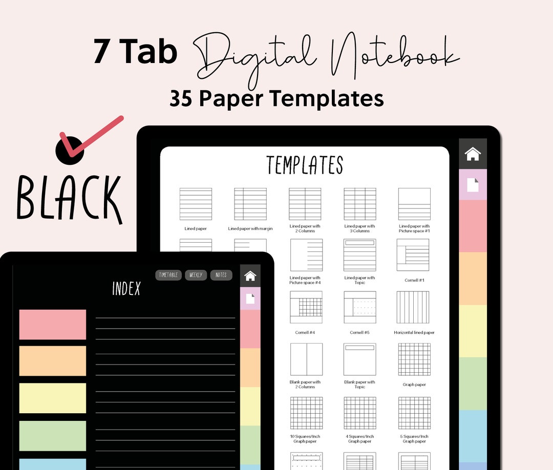Black Paper Digital Notebook 7 Pastel Hyperlinked Tabs for Goodnotes ...