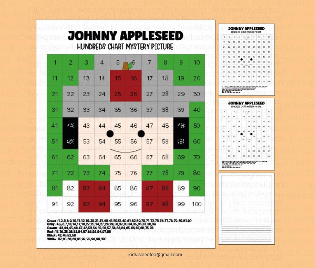 Johnny Appleseed Math Activities Mystery Picture Hundreds Chart Color ...