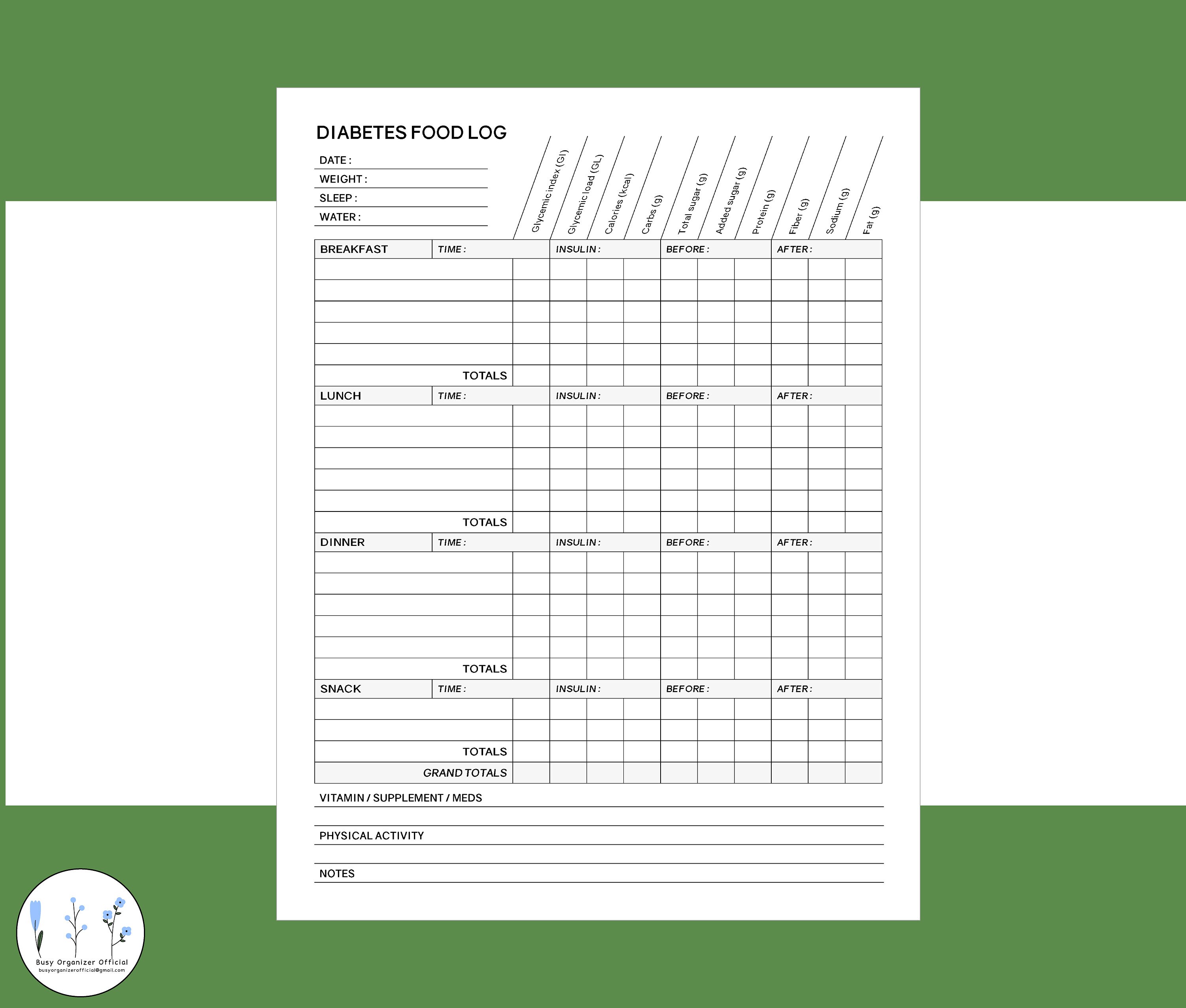 Diabetes Food Log Printable Blood Sugar Nutrition and Activity Daily ...