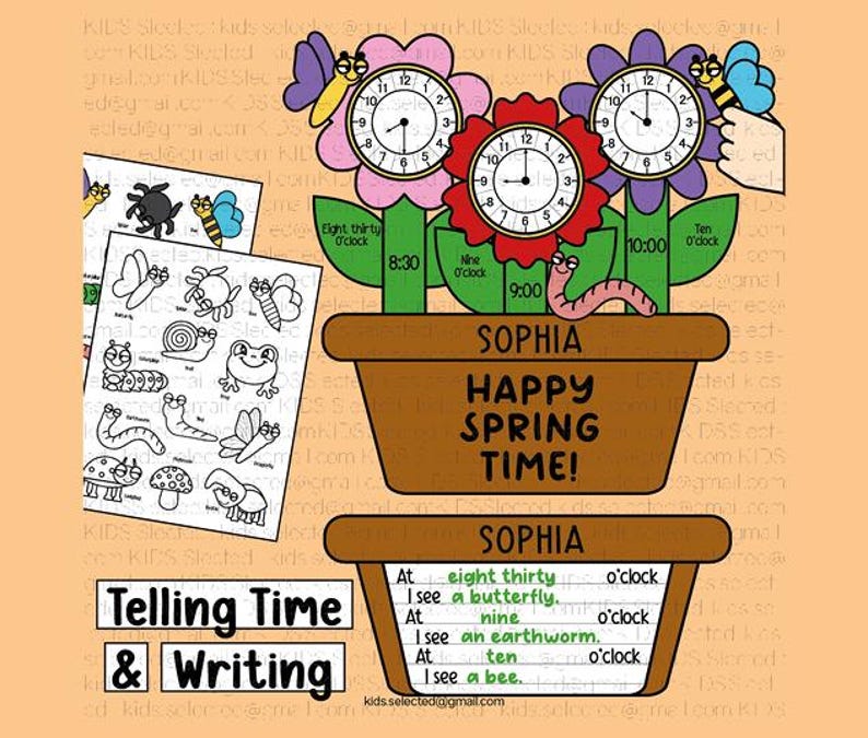 Telling Time Craft Spring Math Flower Pot Insects Bugs Writing Bulletin ...