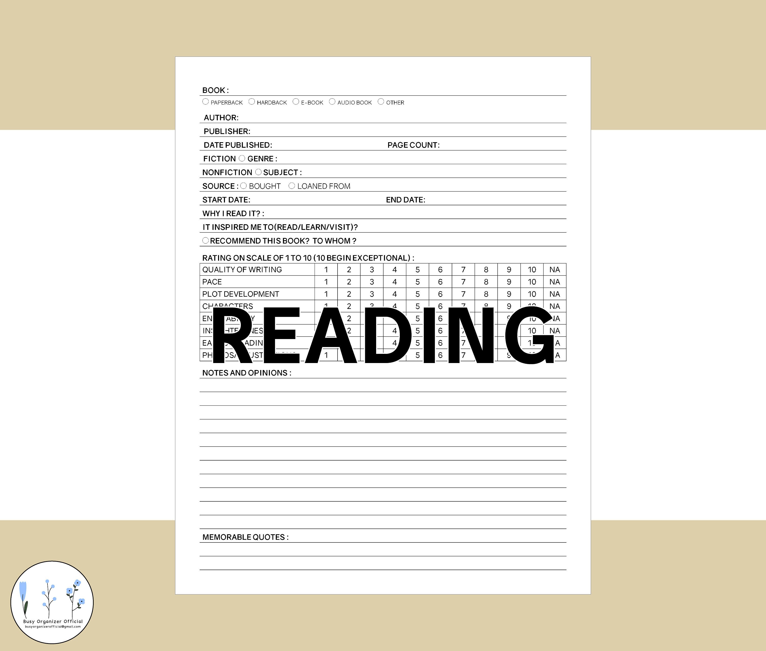 Reading Tracker Journal Printable Book Review Log Planner Pdf Template ...