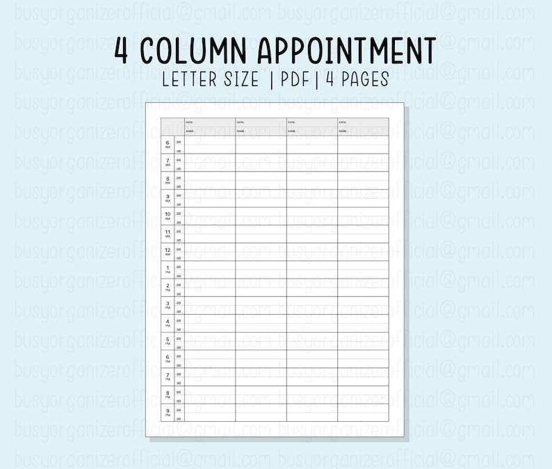 4 Column Appointment Planner Hourly Planning Sheet Undated Daily ...