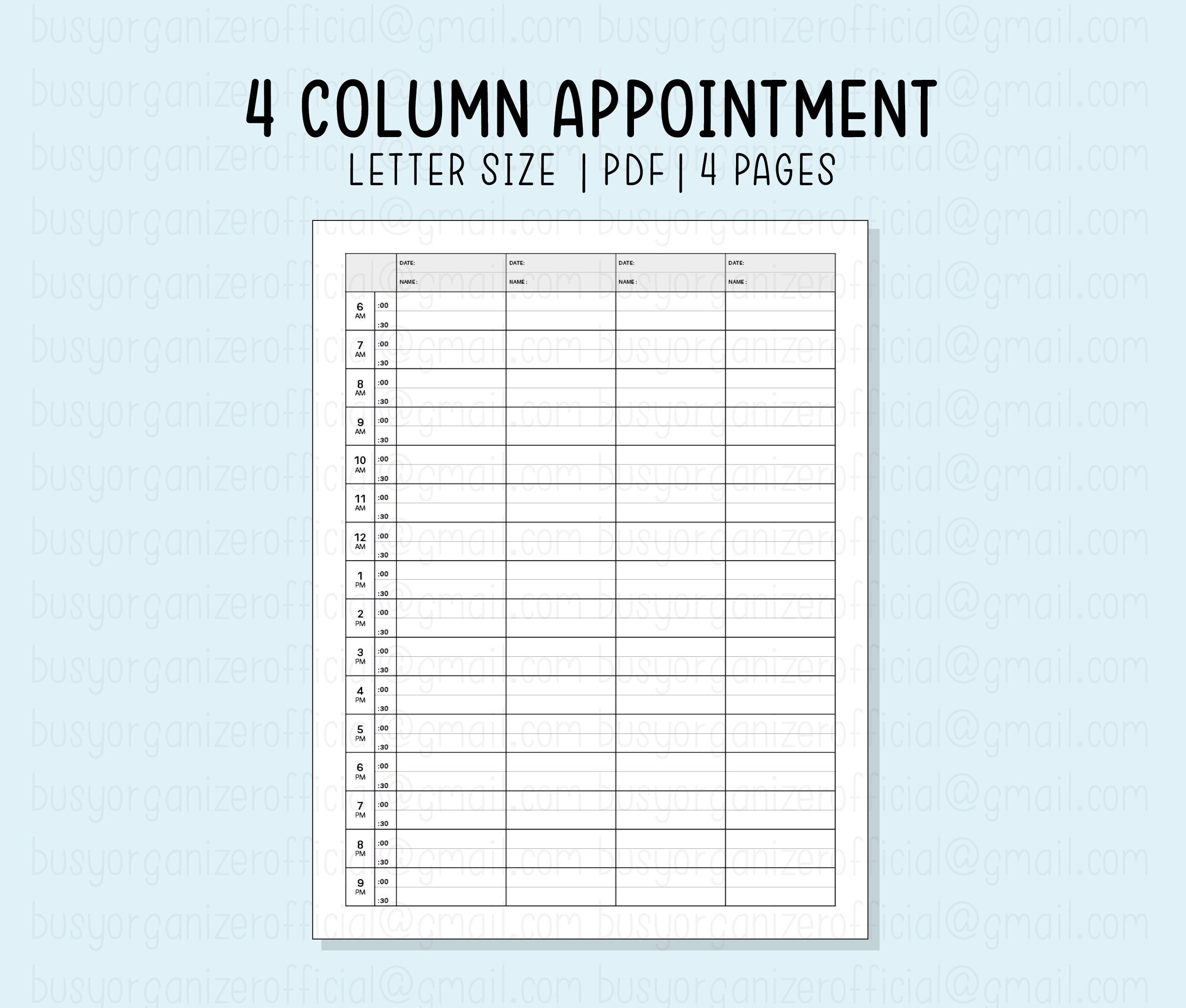 4 Column Appointment Planner Hourly Planning Sheet Undated Daily ...