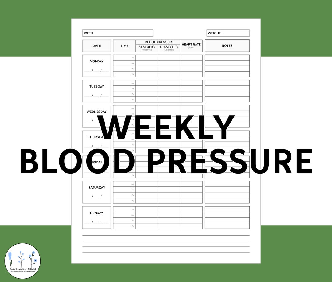 Blood Pressure Tracker Weekly Log PDF Printable Medical and Health ...