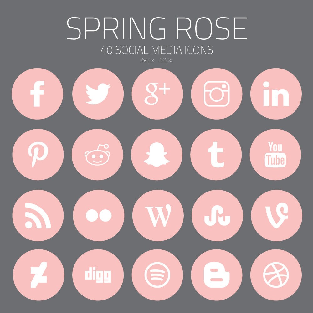 40 Social Media Icons | Spring Rose | 64px | 32px | Digital Download ...