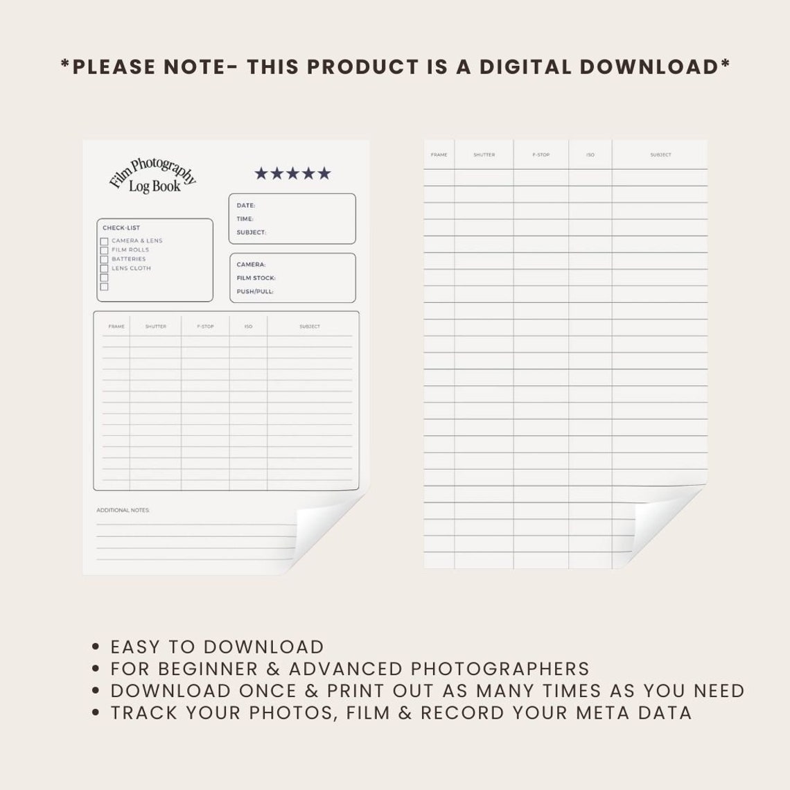 PRINTABLE Film Photography Log Book Analog Photographers Photo Tracker ...