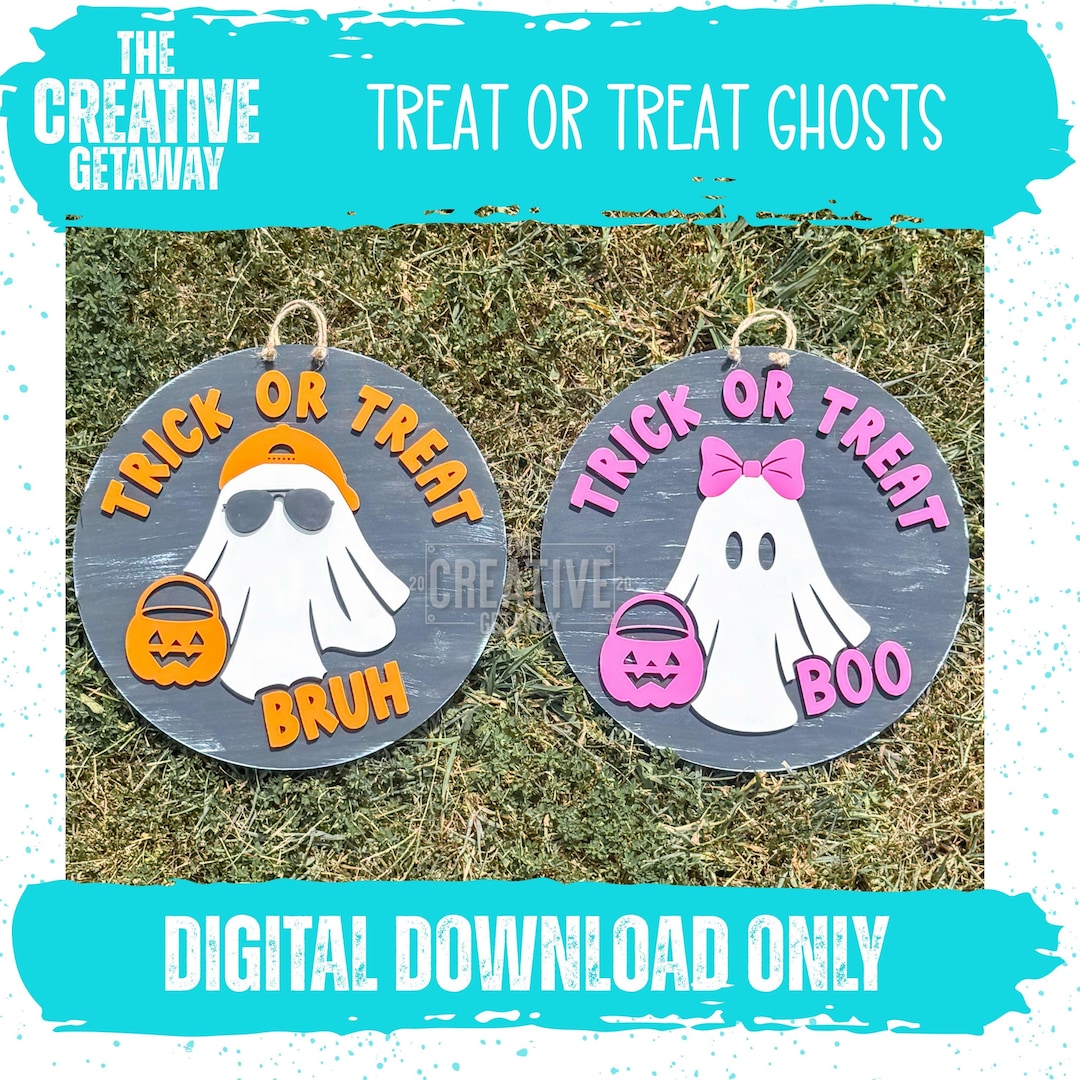 Trick or Treat Ghosts, Kids DIY Kit, Door Hanger, Door Sign, Digital ...