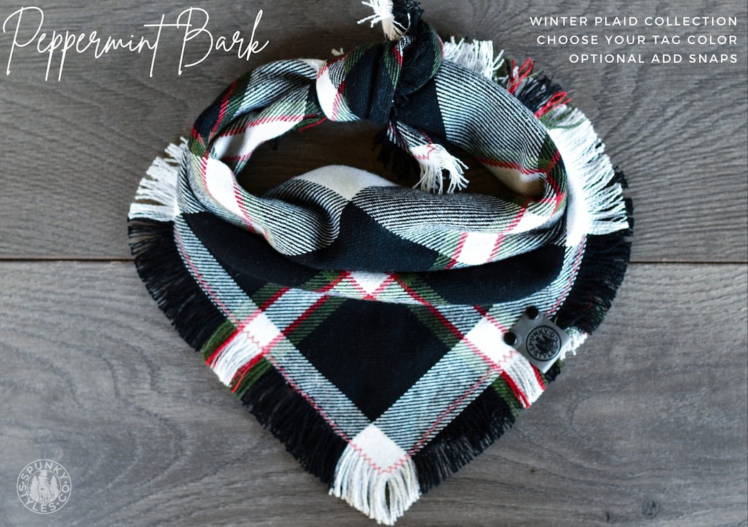 Peppermint Bark Dog Bandana Plaid Flannel Black White Red & Green Woven ...