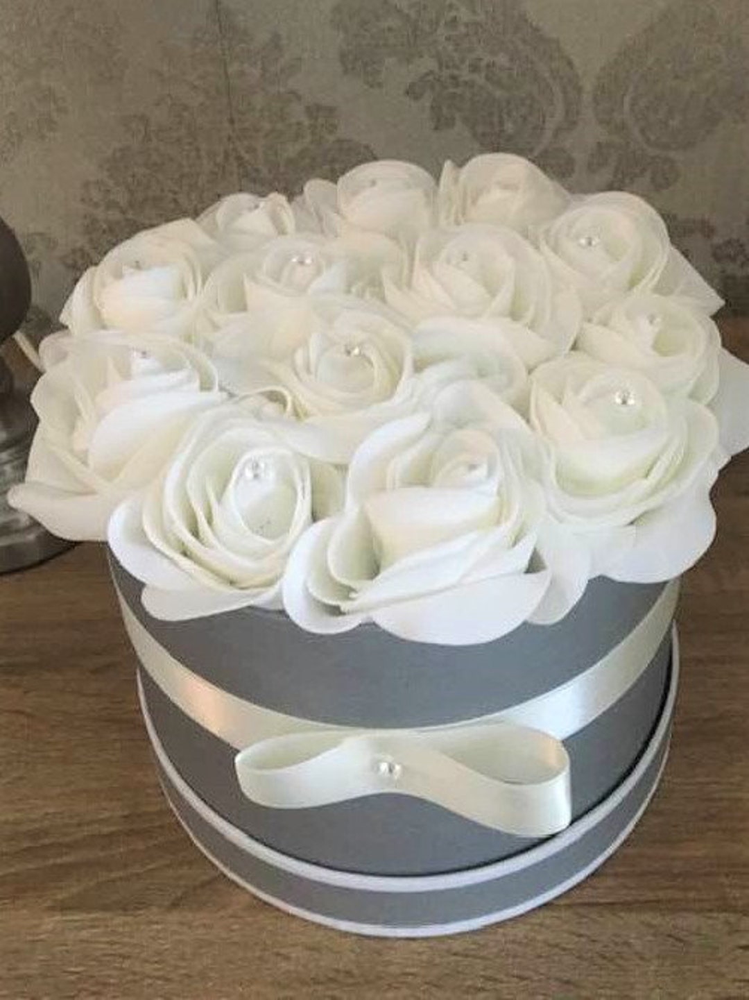 Hat Box Roses Grey White Artificial Hatbox Flowers - Etsy