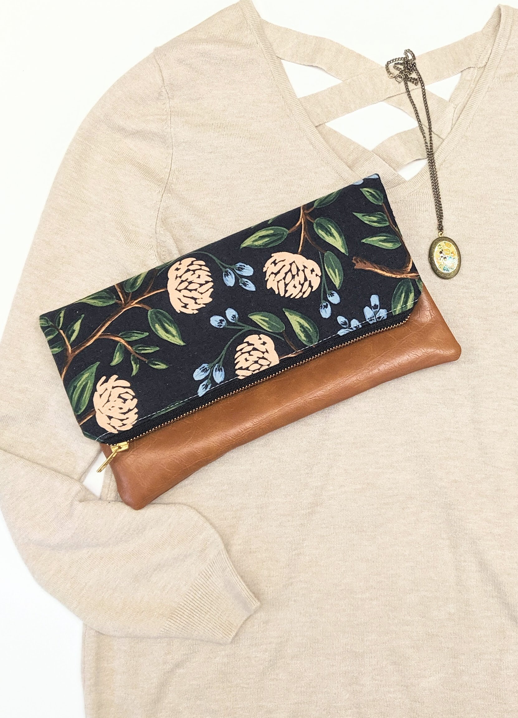 Rifle Paper Navy and Blush Peony Clutch: Fold Over Clutch, Vegan ...