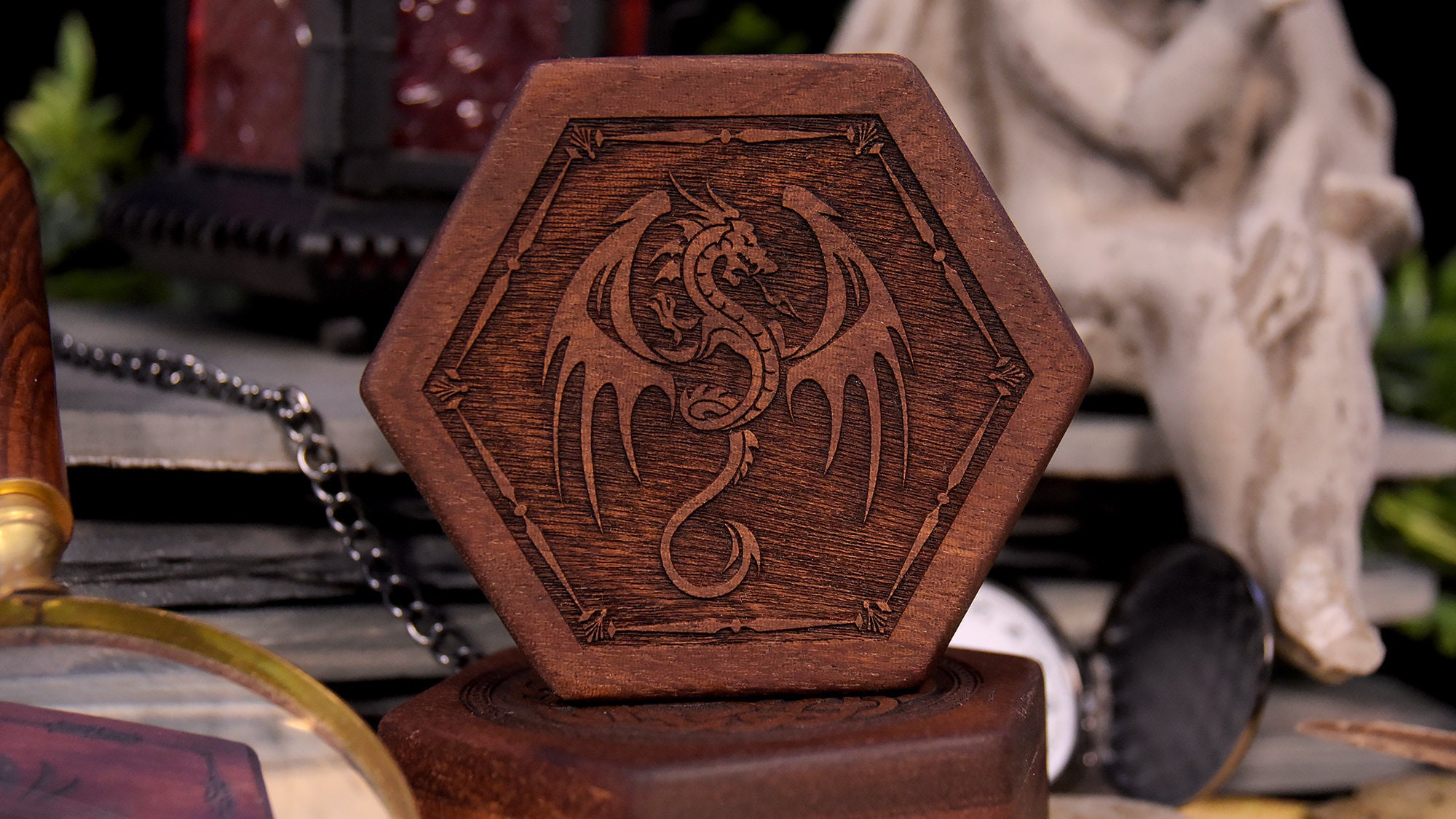RPG D&D Hex Chest Dice Box - Winged Dragon Art - Mahogany Wood ...