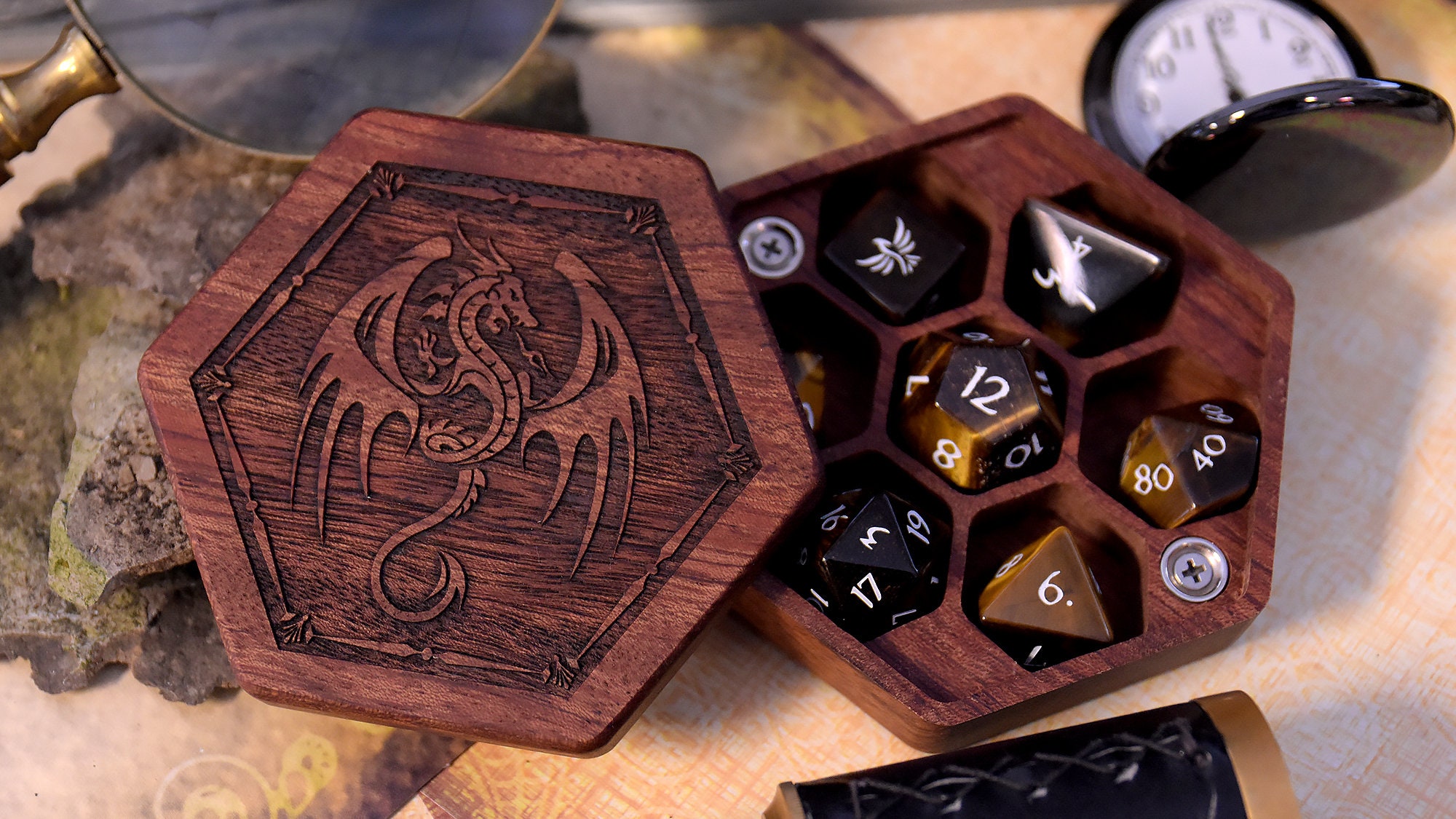RPG D&D Hex Chest Dice Box - Winged Dragon Art - Bubinga Wood ...