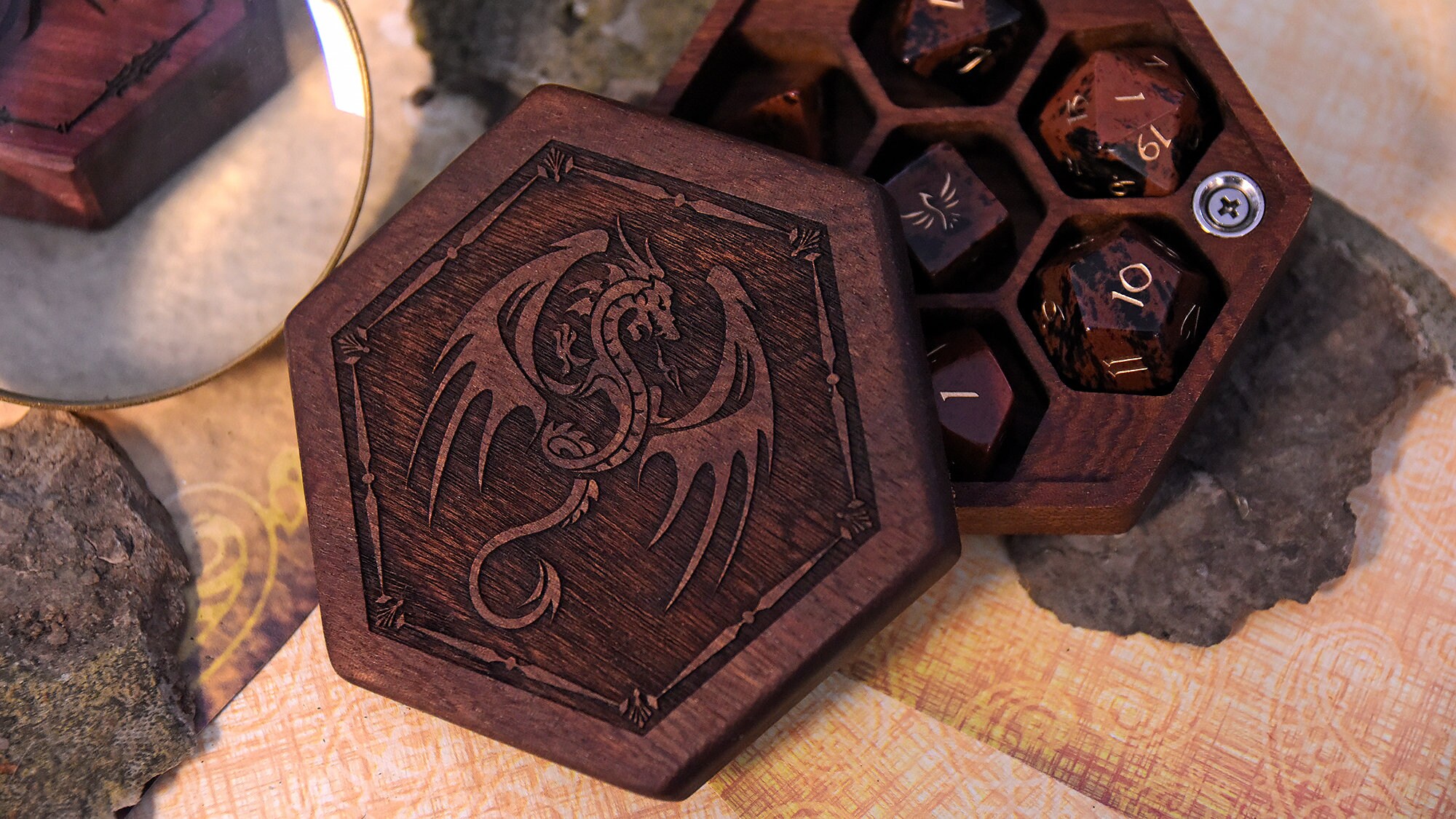 RPG D&D Hex Chest Dice Box - Winged Dragon Art - Mahogany Wood ...