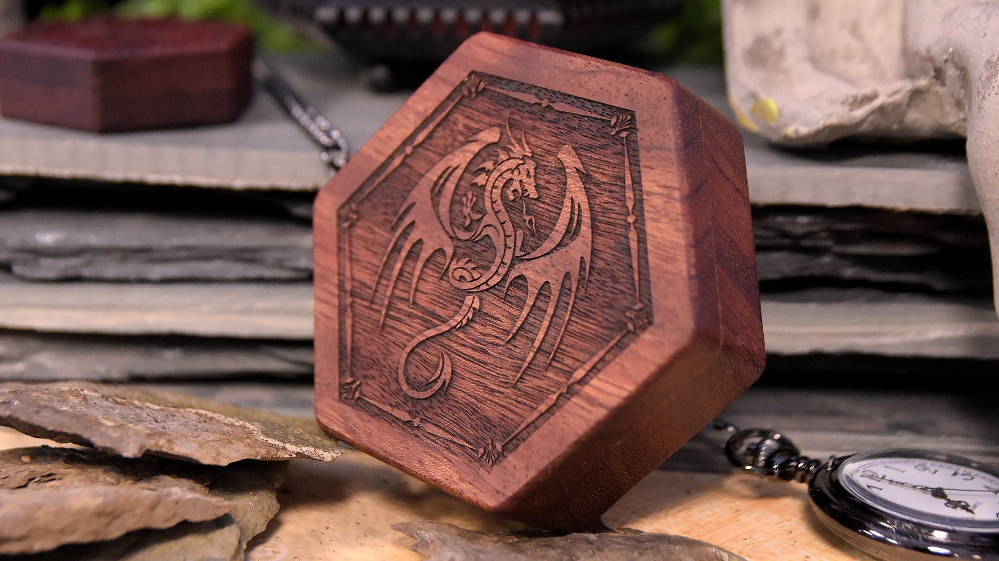 RPG D&D Hex Chest Dice Box - Winged Dragon Art - Bubinga Wood ...