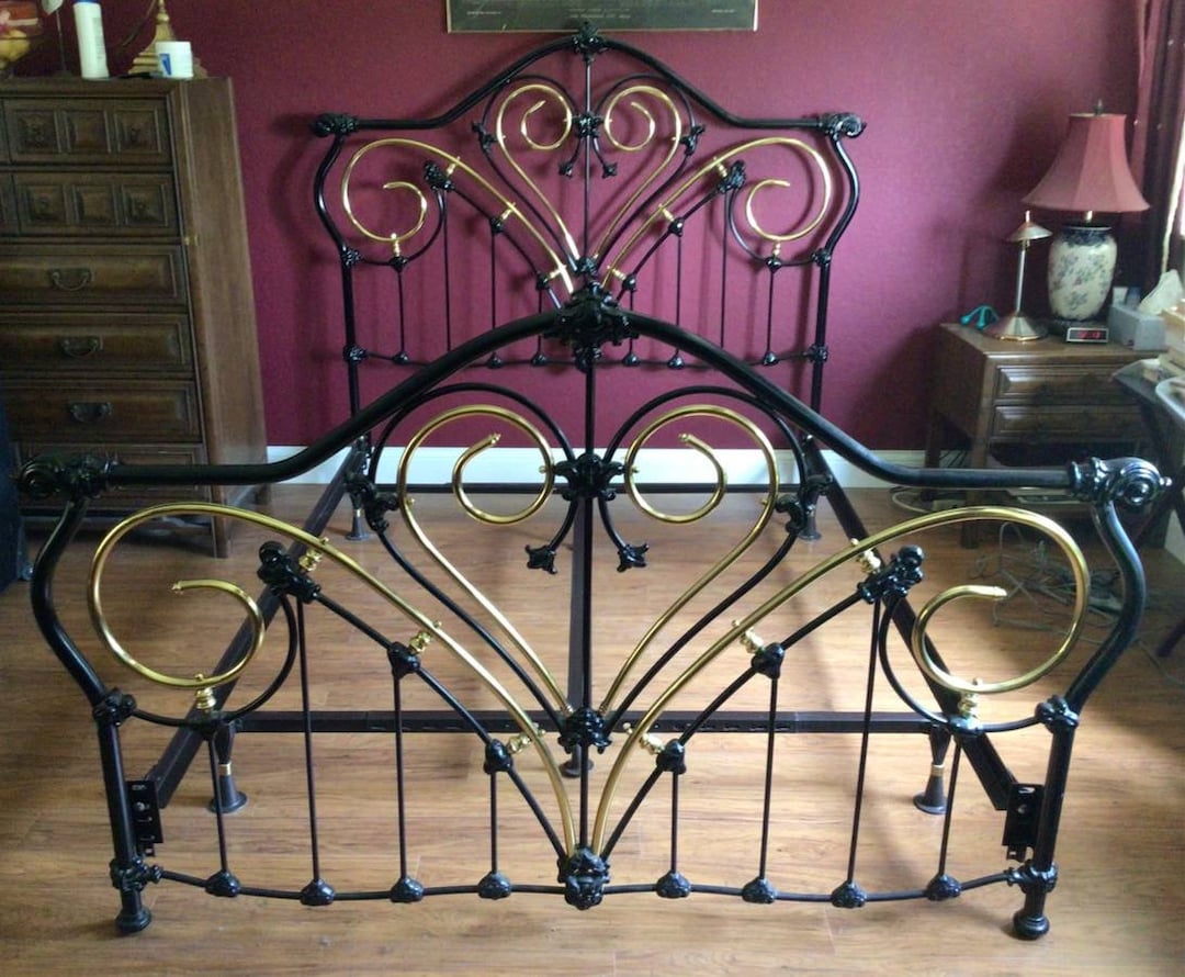 Vintage Elliott’s Design Queen Bed Frame: Black Enameled Iron With ...