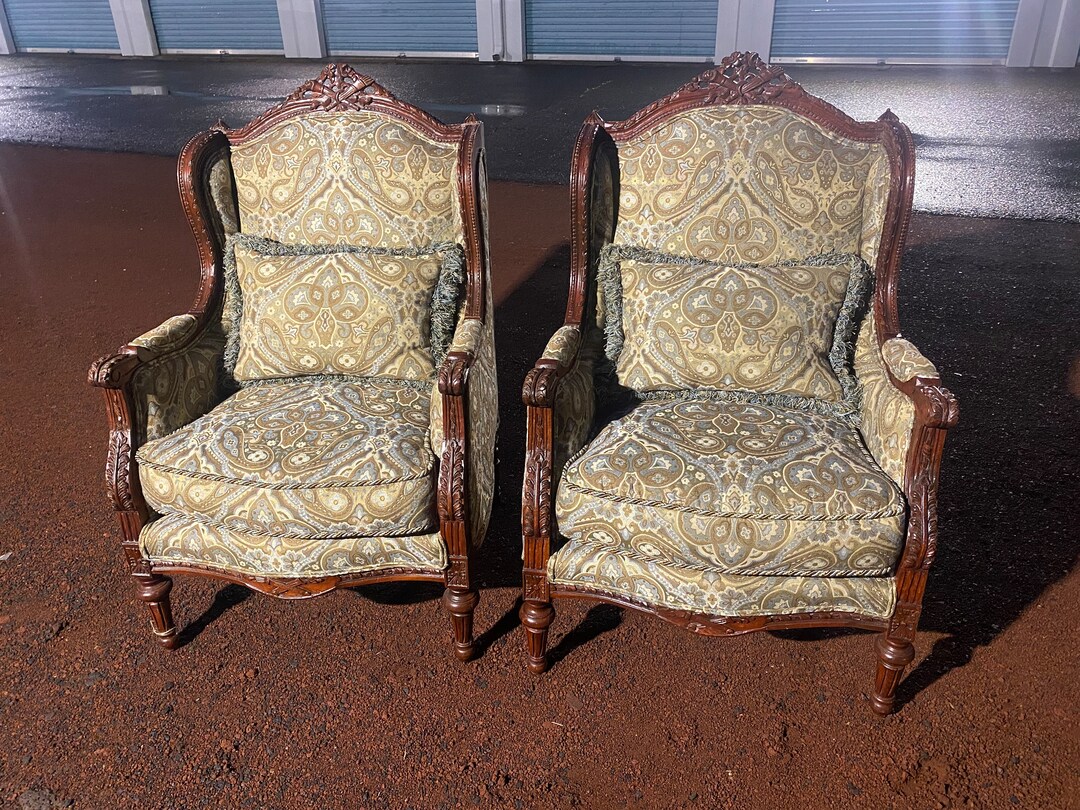 Vintage French Country Wingback Chair: Carved Wood Accent Lounge - Etsy