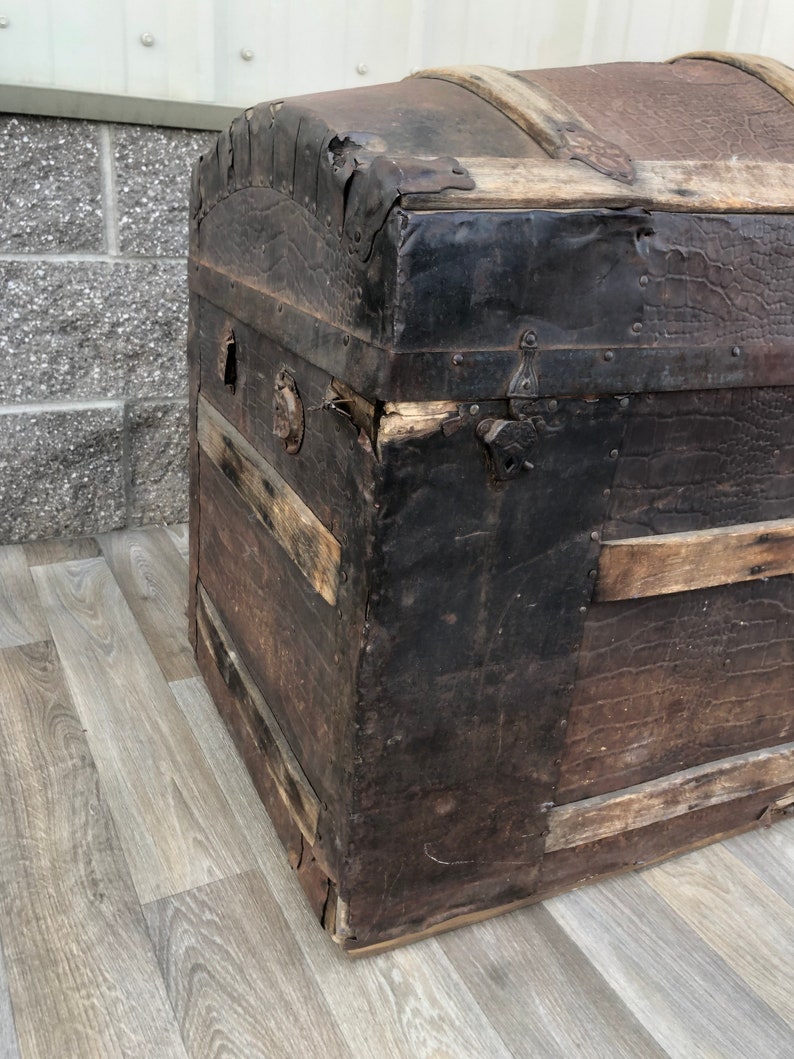 Antique Camelback Steamer Trunk: Alligator Embossed Metal, Shabby Chic ...