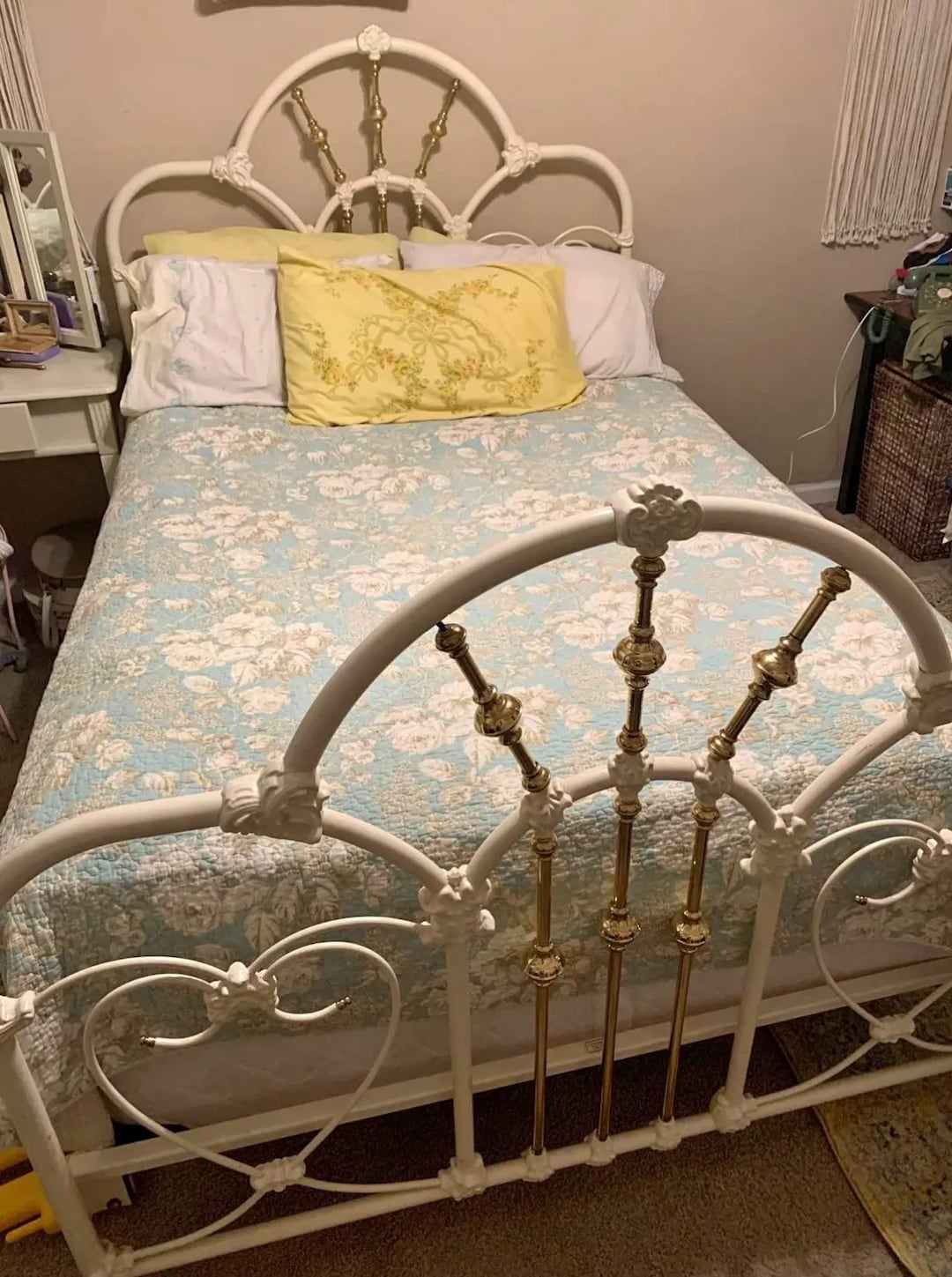 Vintage Elliott’s Design Cream Enameled Iron and Brass Full Size Bed ...