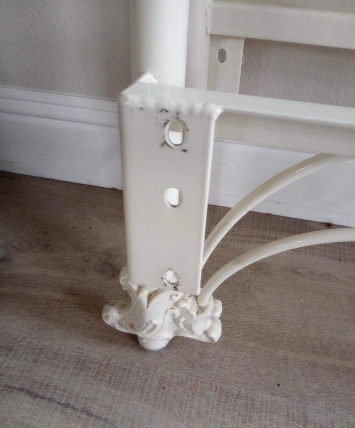 Vintage Elliott's Design Queen Bed Frame: White Enameled Iron & Brass ...