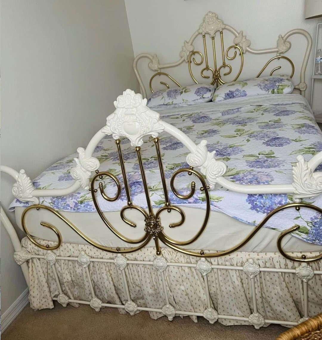 Vintage Elliott’s Design White Enameled Iron Queen Bed Frame: Brass ...