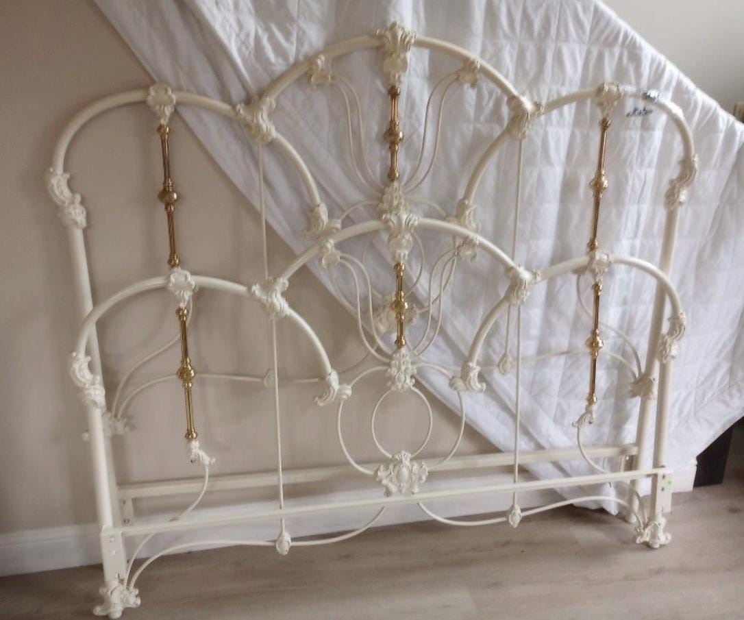 Vintage Elliott's Design Queen Bed Frame: White Enameled Iron & Brass ...