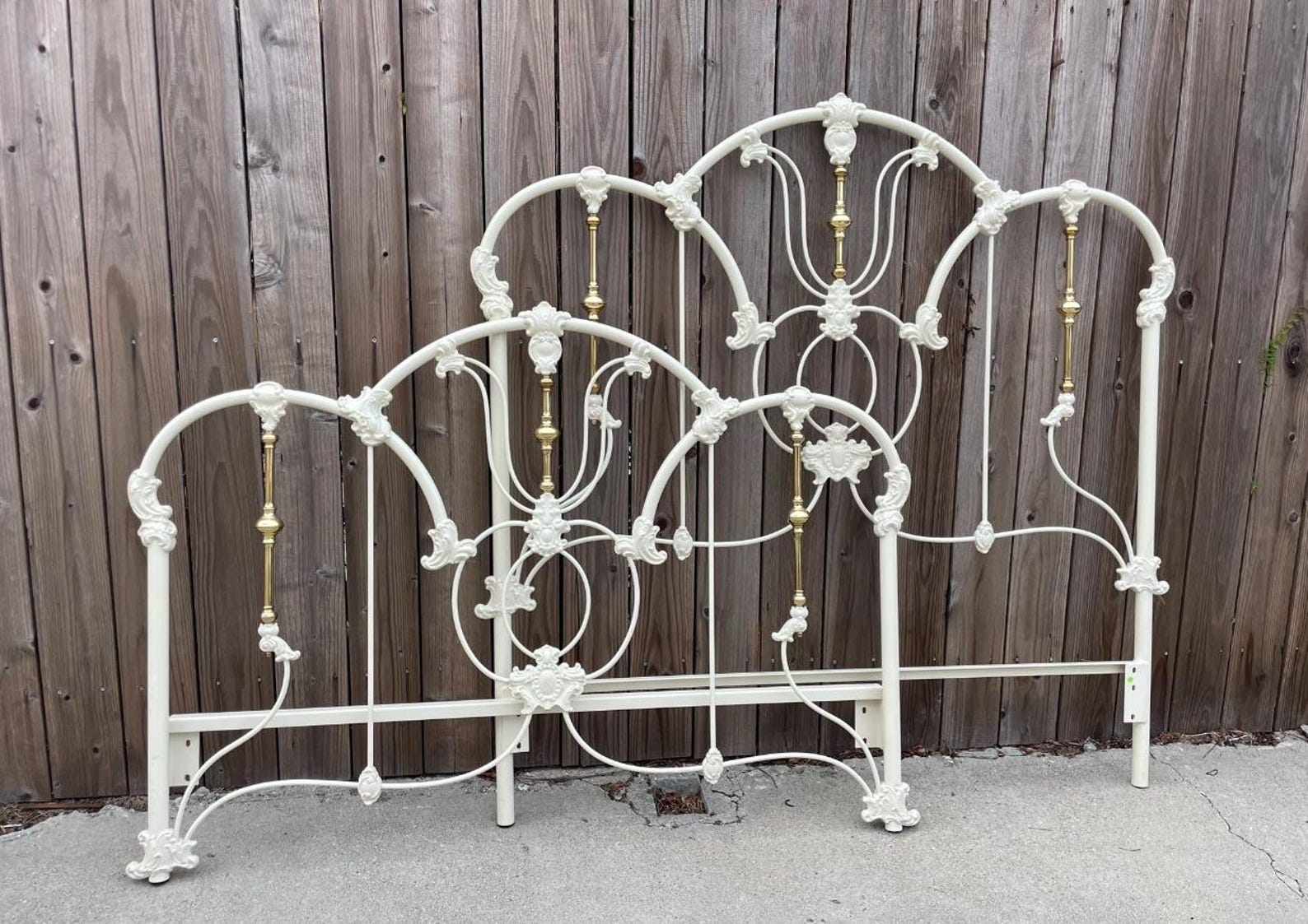 Vintage Elliott's Design Queen Bed Frame: White Enameled Iron & Brass ...