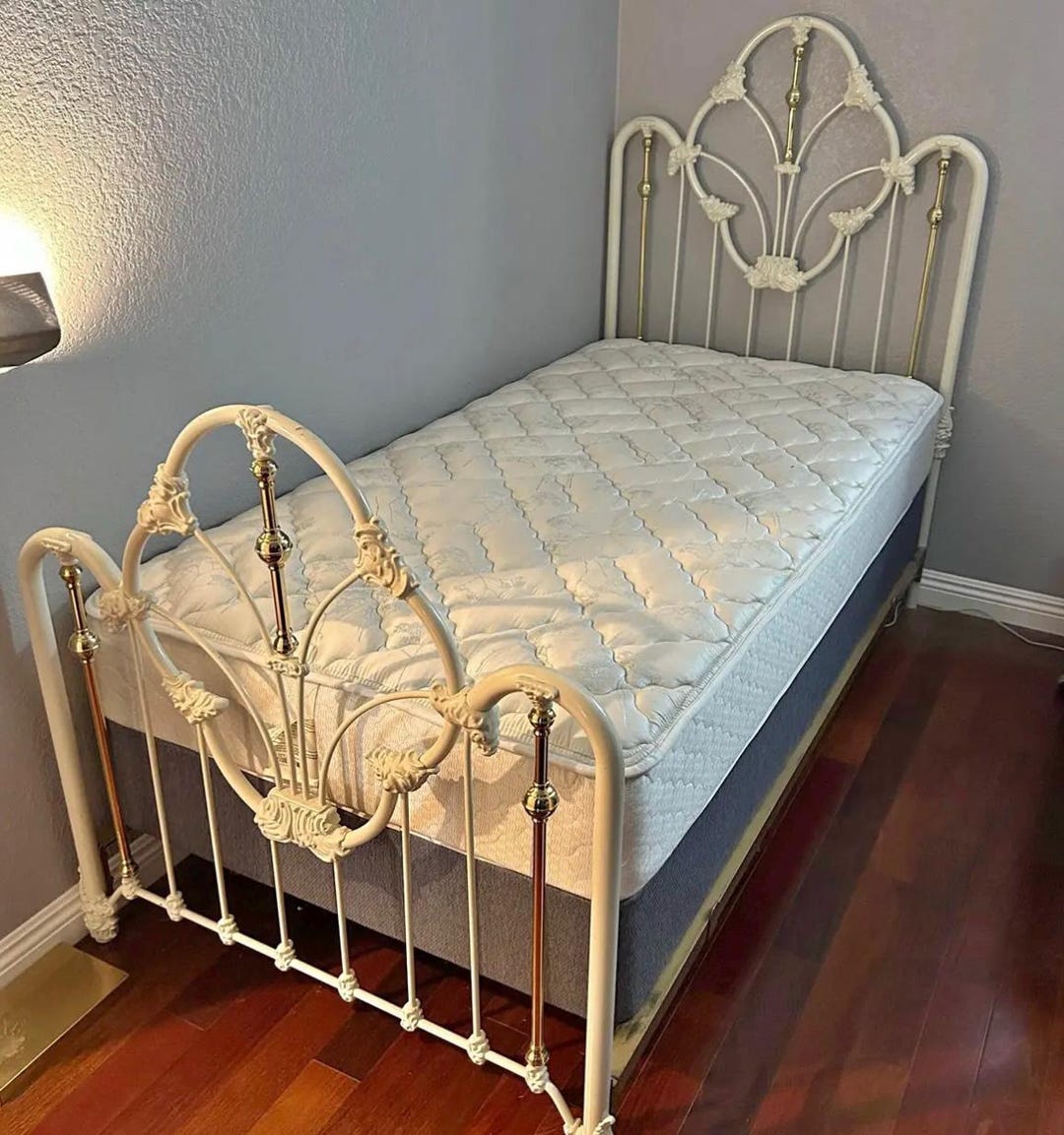 Vintage Elliott's Design Twin Bed Frame: White Enameled Iron With Brass ...