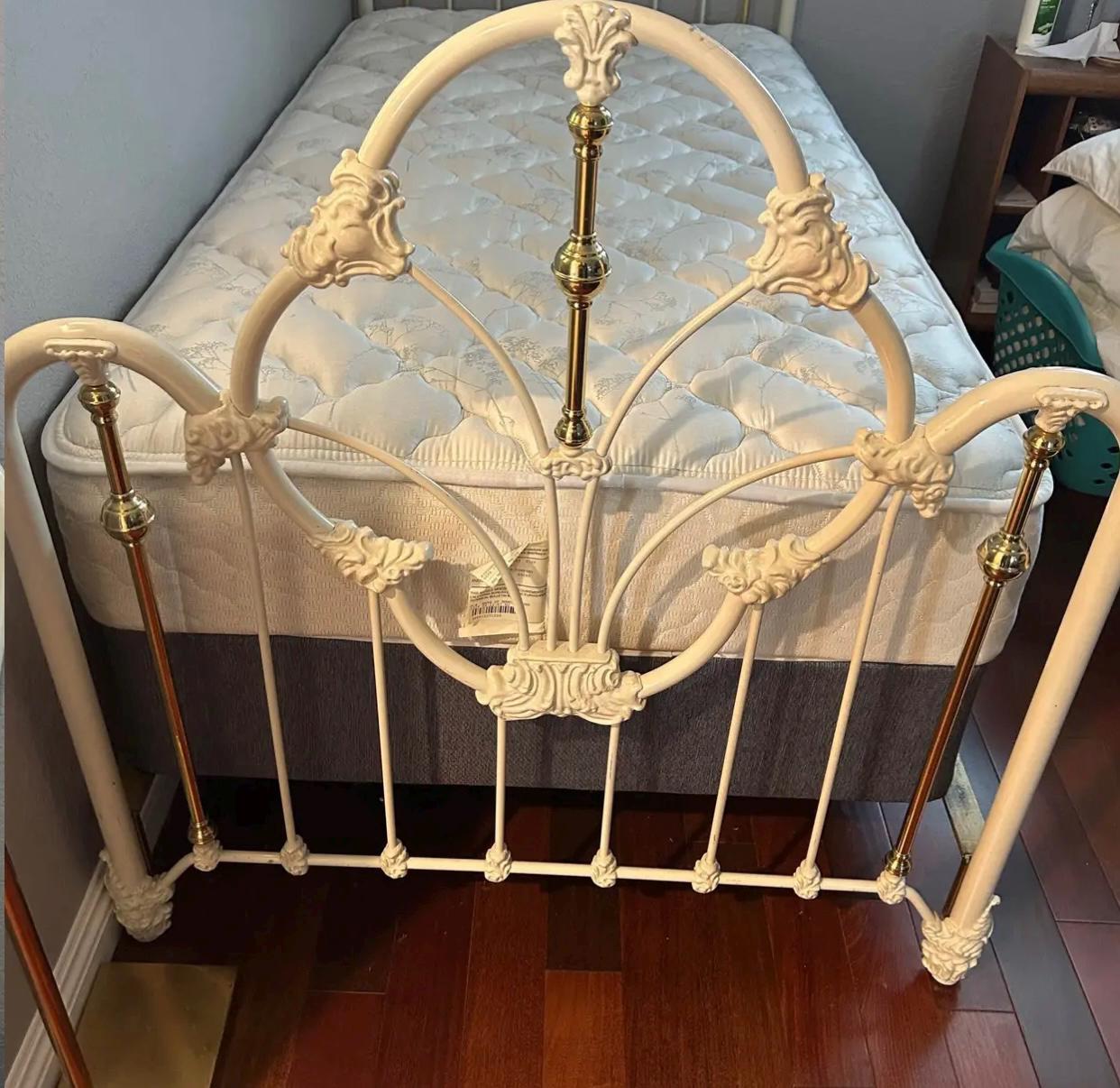 Vintage Elliott's Design Twin Bed Frame: White Enameled Iron With Brass ...