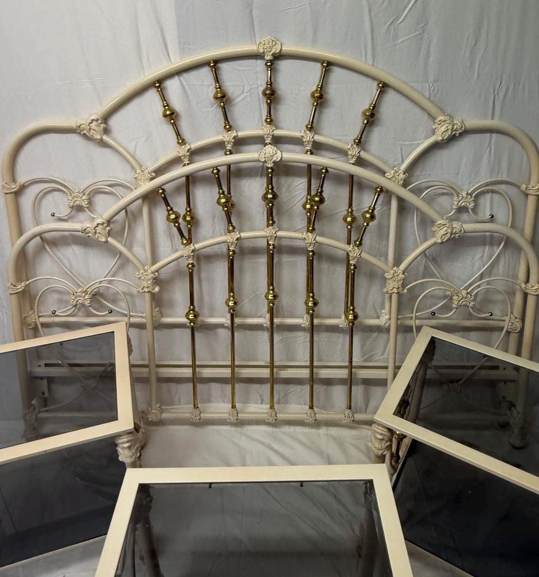 Vintage Elliott's Design Cream Iron & Brass King Bed Frame - Etsy