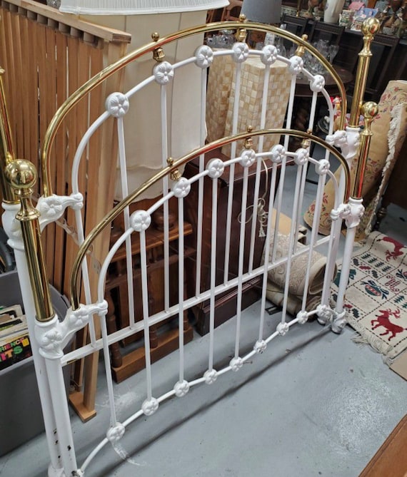 Vintage Elliott s Design White Enameled Iron and Brass Full Size Bed Frame headboard footboard no rails included