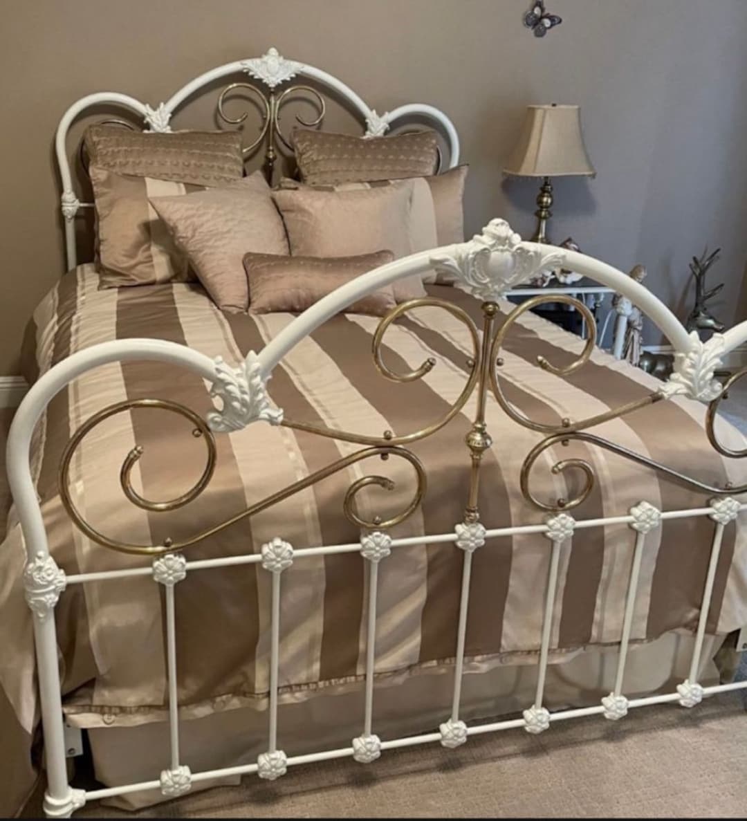 Vintage Elliotts Design Queen White Enameled Iron and Brass Queen Size Bed Frame Headboard Footboard and Rails Etsy