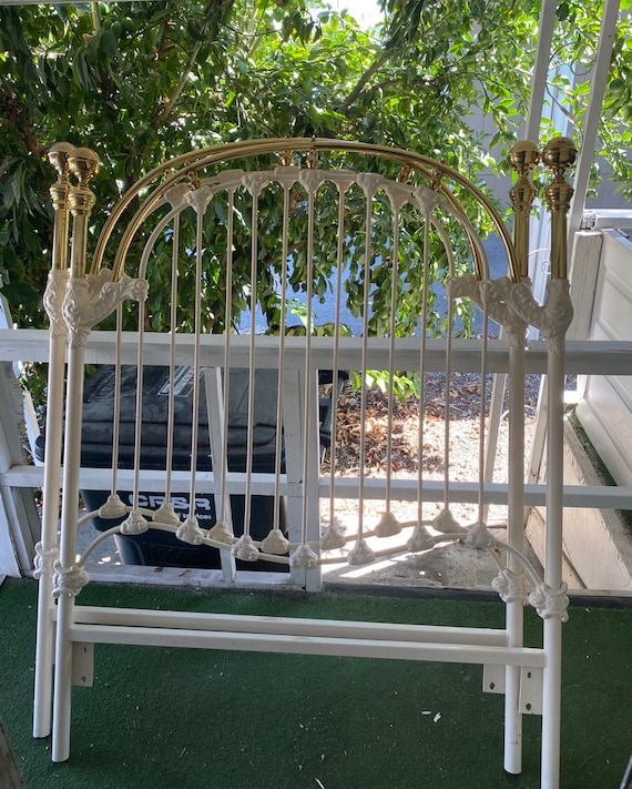 Pair of Vintage Elliott s Design White Enameled Iron and Brass Twin Size Headboards