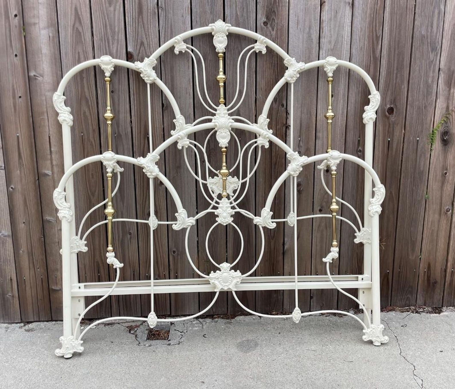 Vintage Elliott's Design Queen Bed Frame: White Enameled Iron & Brass ...