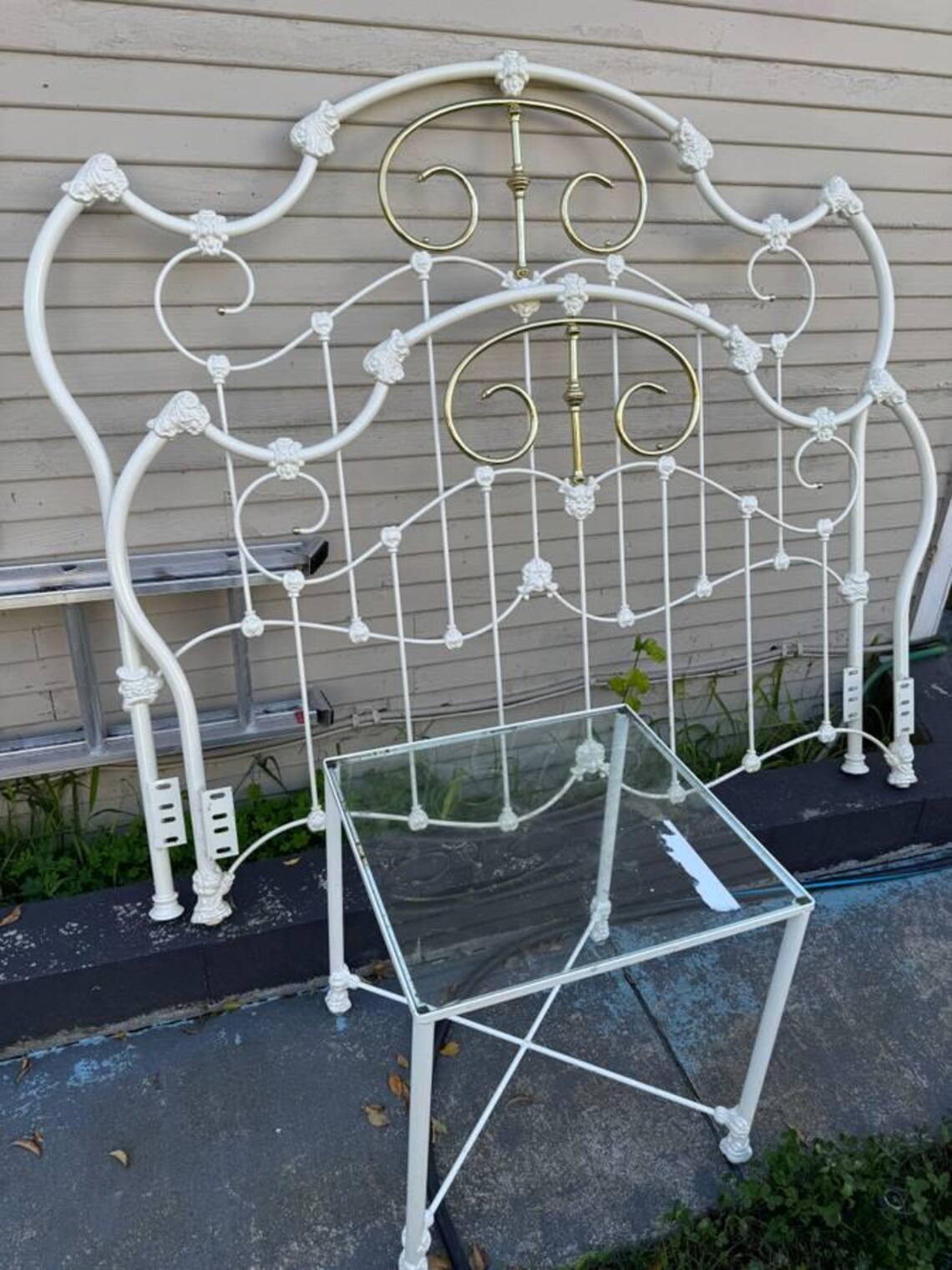 Vintage Elliott’s Design Queen Bed Frame: Cream Enameled Iron With ...