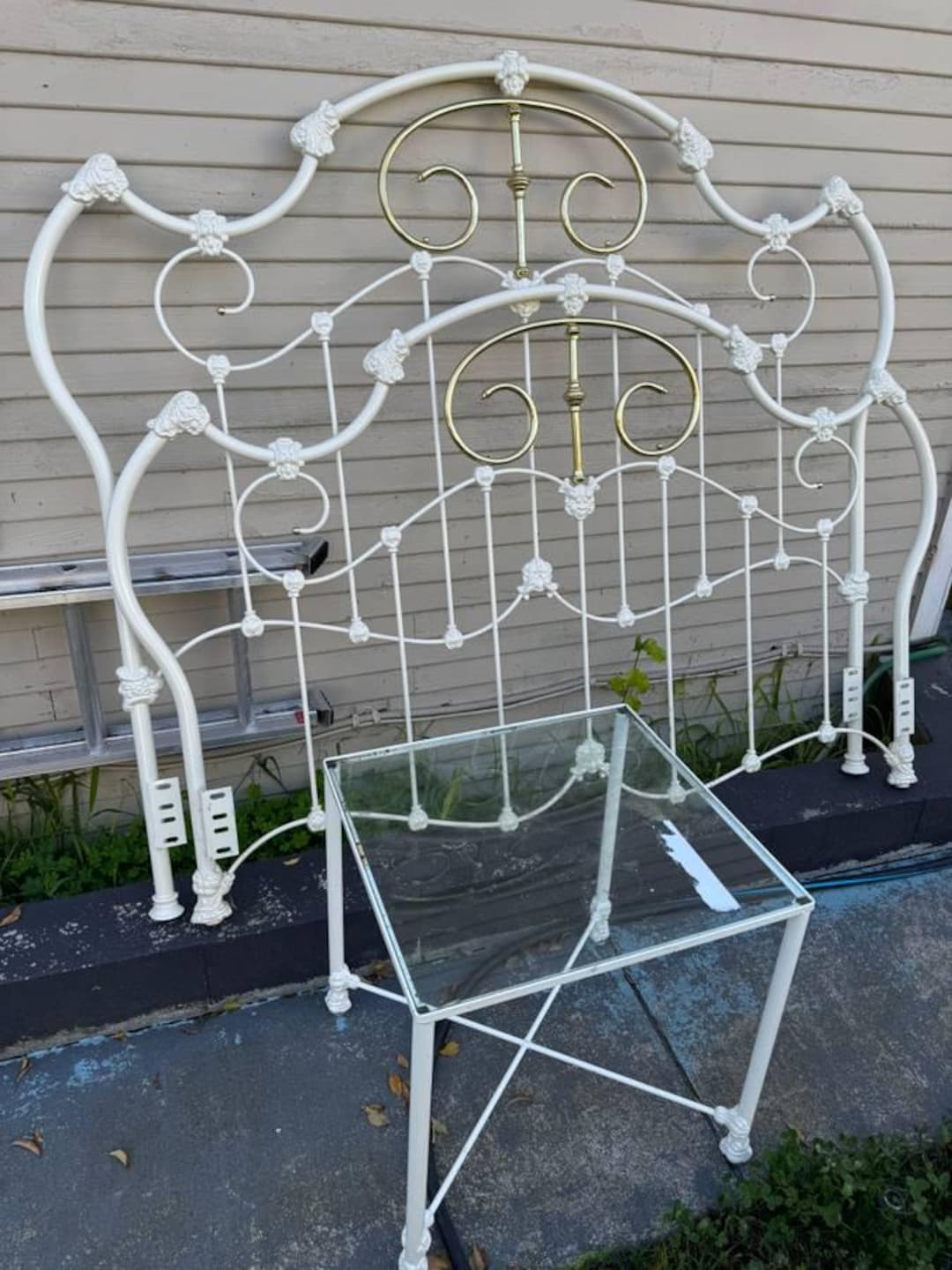 Vintage Elliott’s Design Queen Bed Frame: Cream Enameled Iron With ...