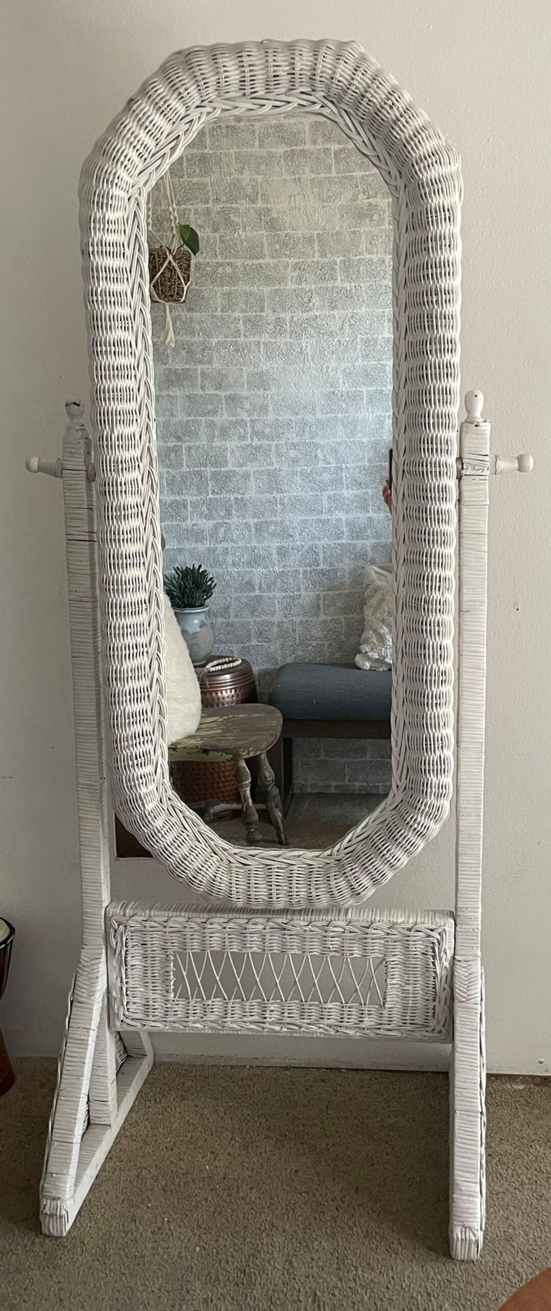 Shabby Chic Vintage White Wicker Large Oval Standing Floor Mirror - Etsy