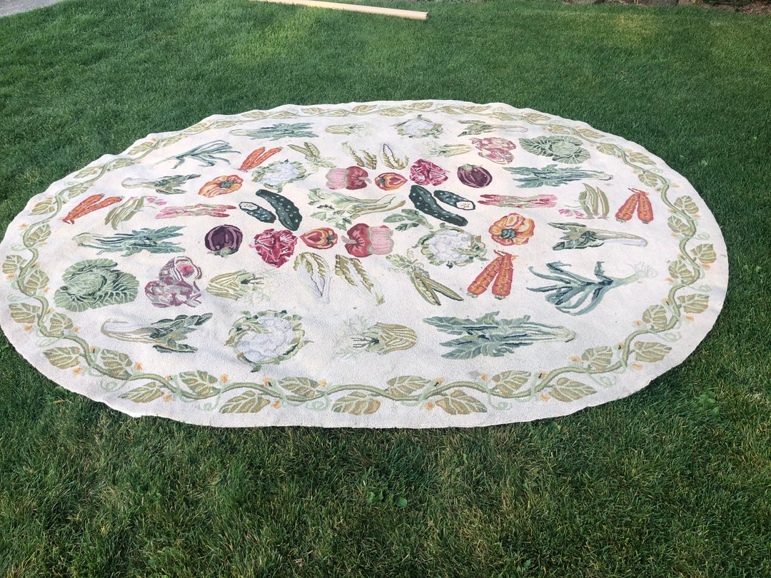 Large Antique Oval Hand Hooked Wool Rug With Vegetables, Primitive Farm ...