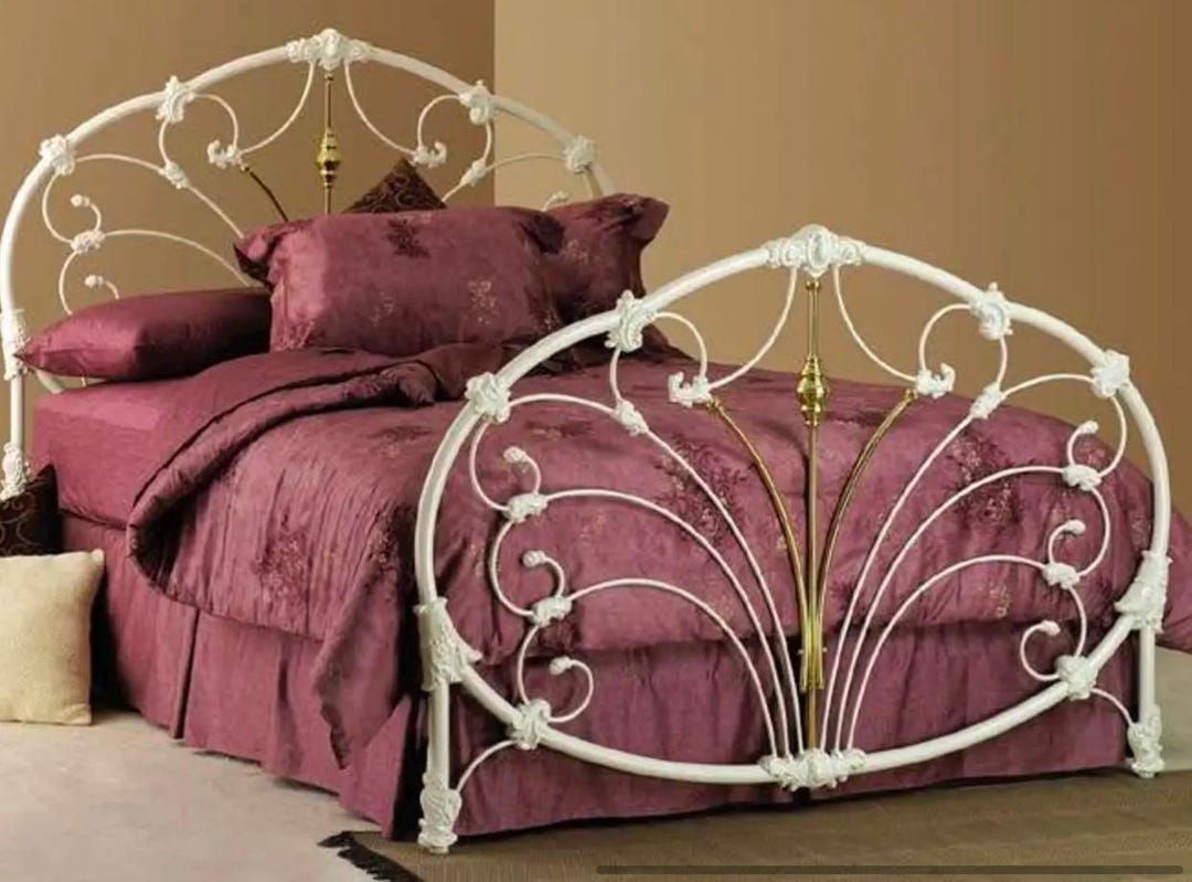 Vintage Elliott's Design Queen Bed: Cream Enamel Iron & Brass Frame - Etsy