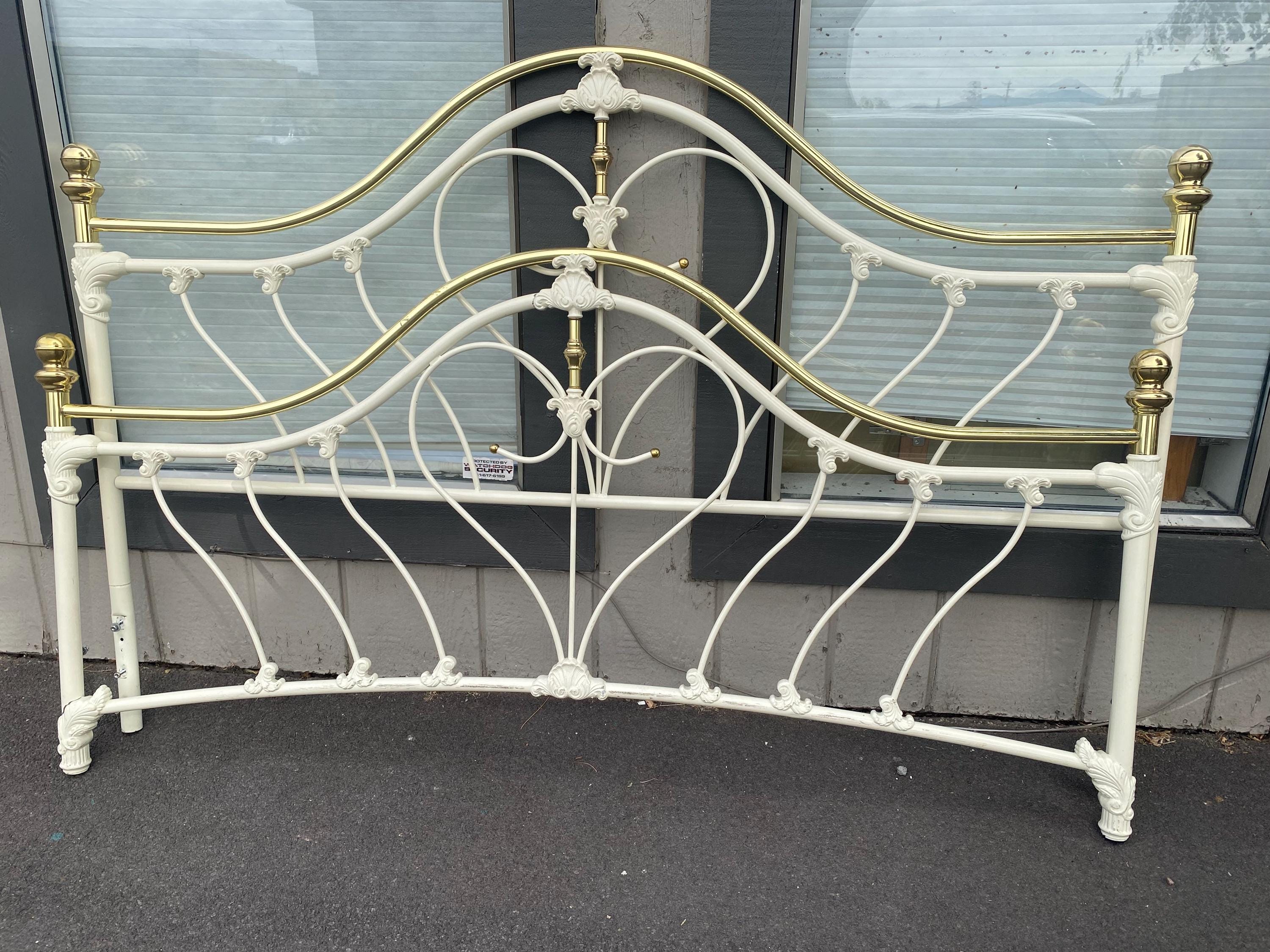 Vintage Elliott’s Design White Enameled Iron King Bed Frame With Brass ...